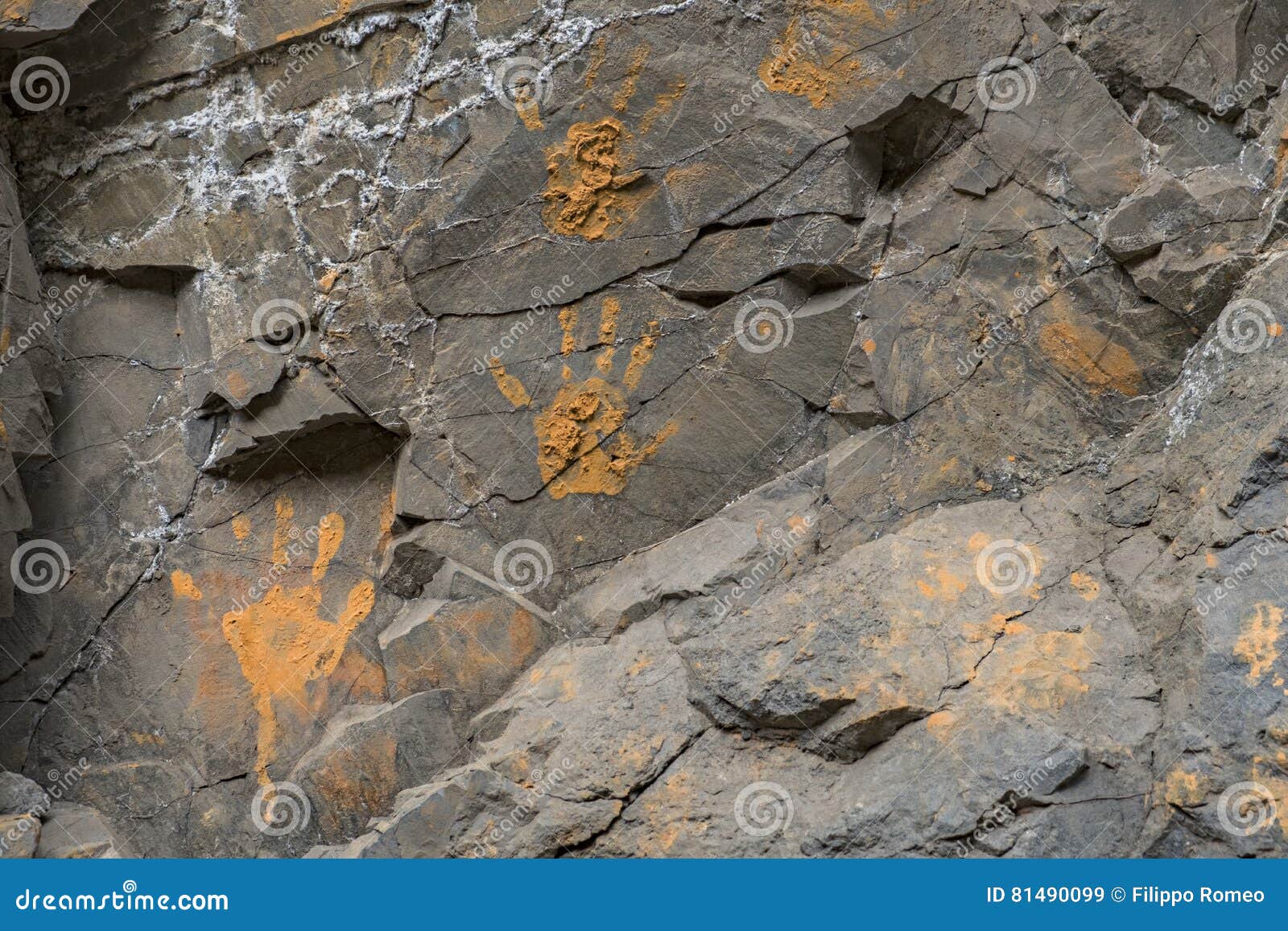 Orange Muddy Hand Prints on Stone Wall Stock Image - Image of rough ...