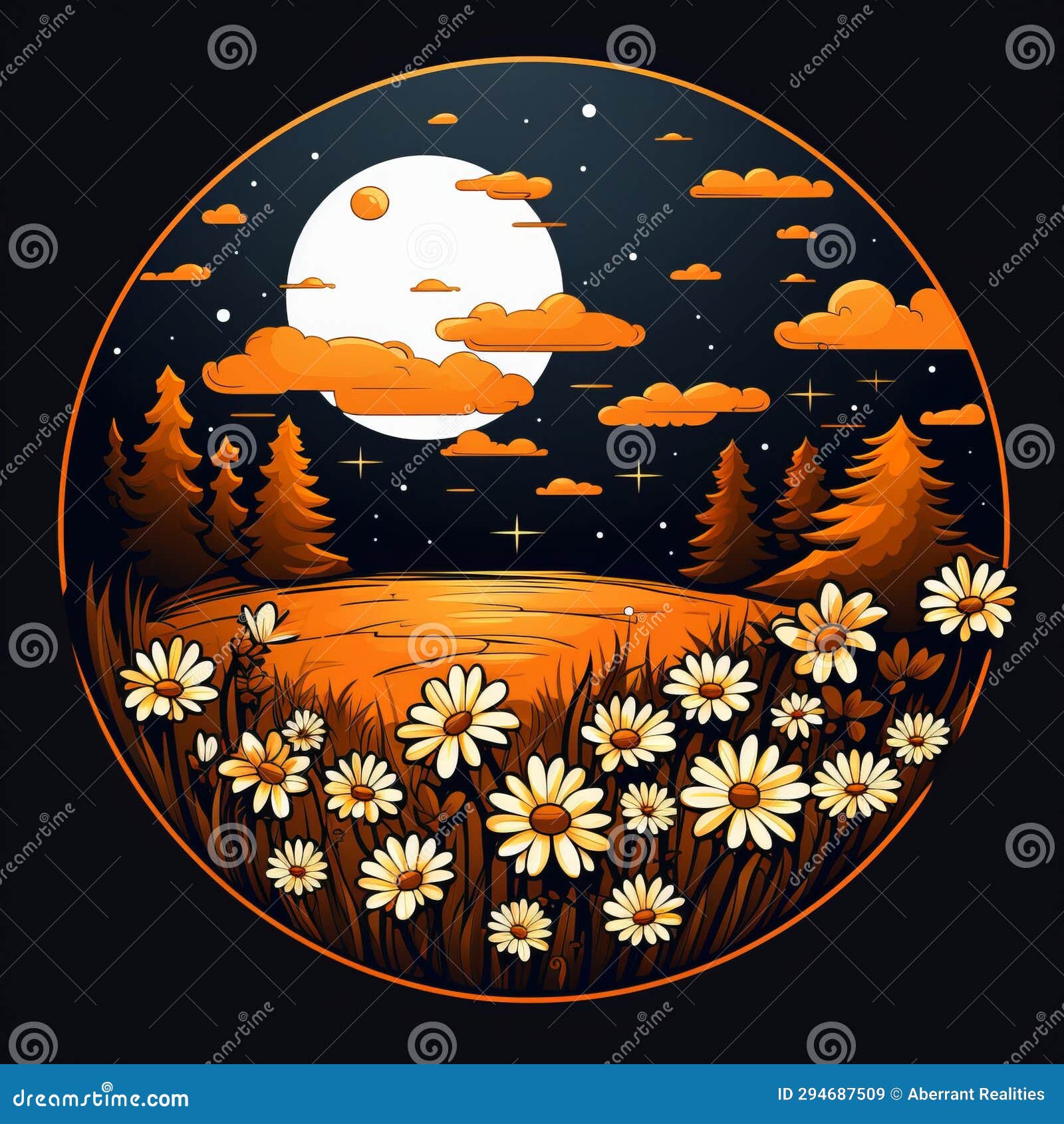 An Orange Night Sky with Flowers and Trees on a Black Background Stock ...