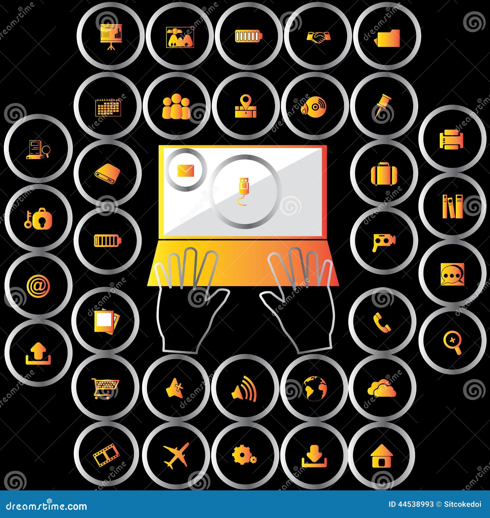 Orange Office Icons in Metallic Circle Stock Vector - Illustration of ...