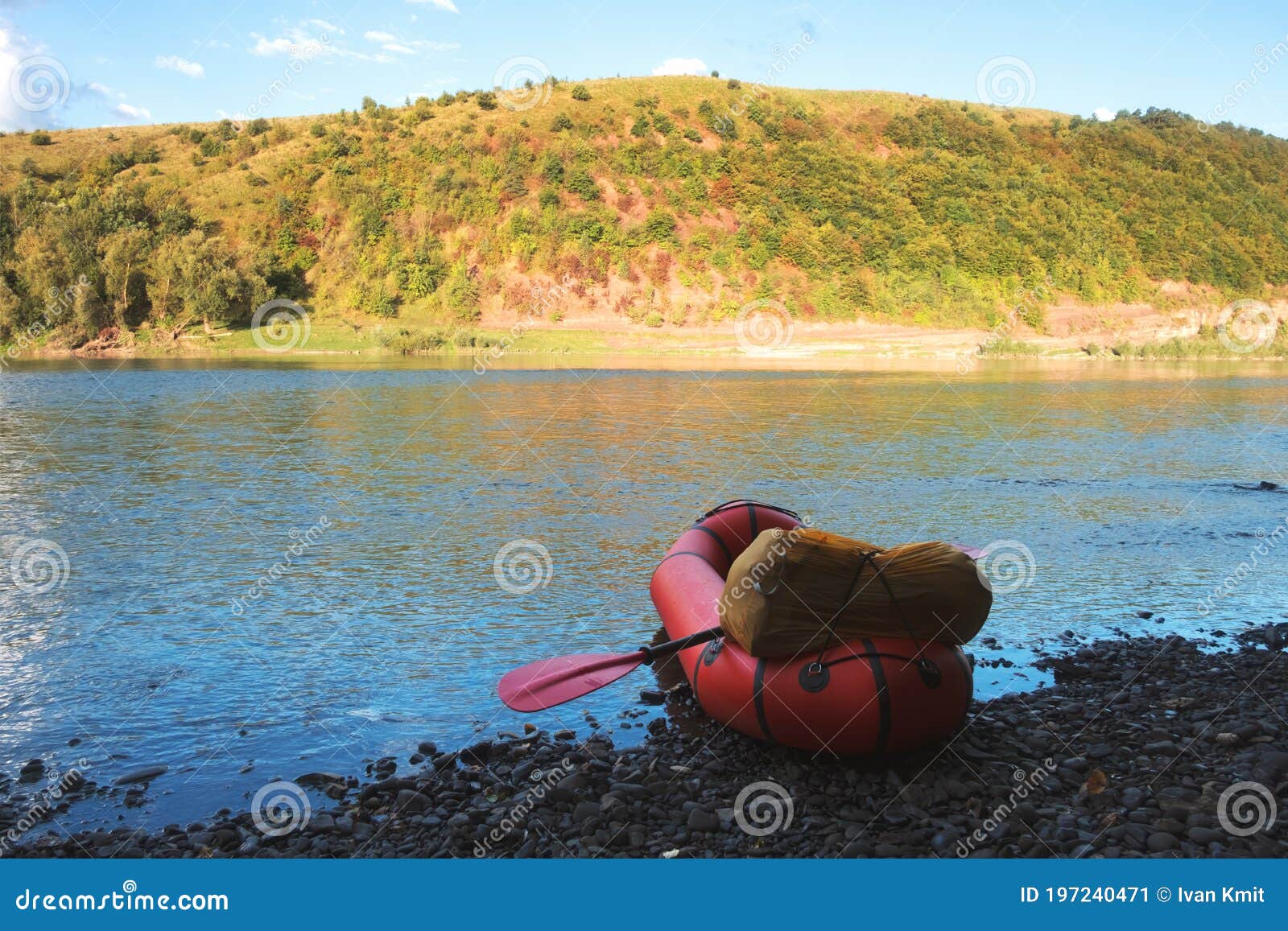 Orange Packraft Rubber Boat with Backpack on a River Stock Image ...
