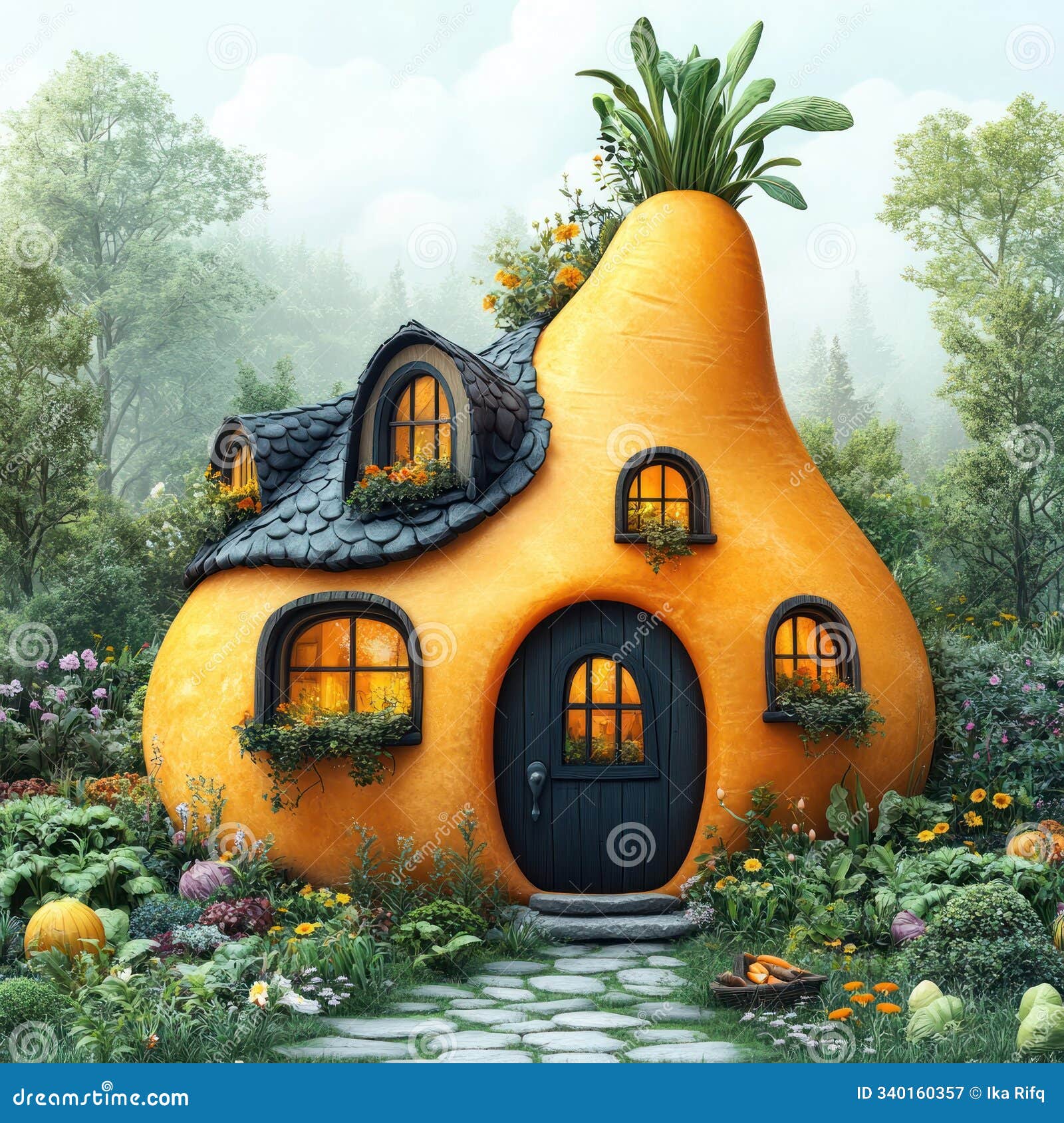 Orange Pear Shaped House with Windows and Door in the Woods ...