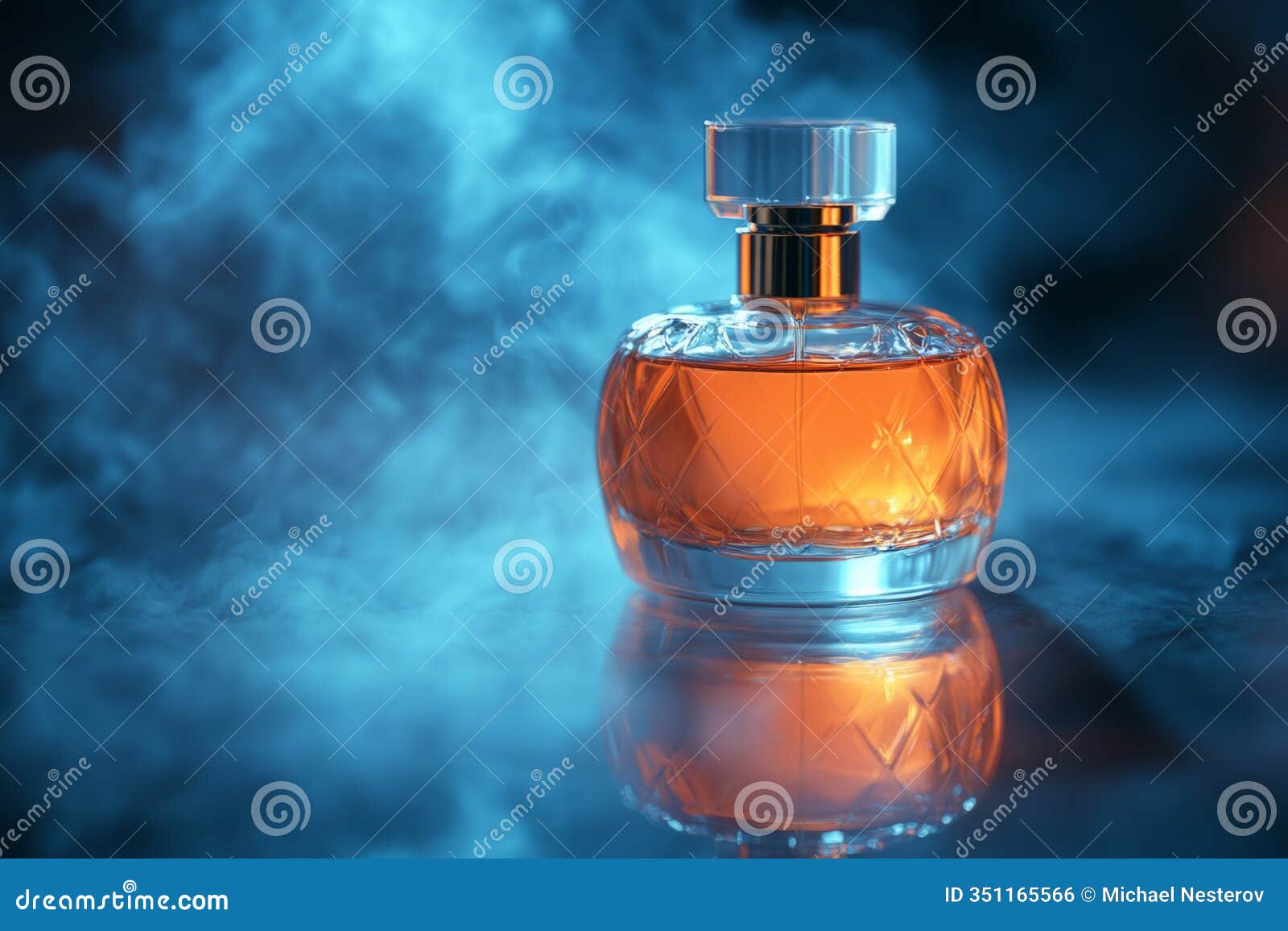 Orange Perfume Bottle with Diamond Pattern Glowing on Reflective ...