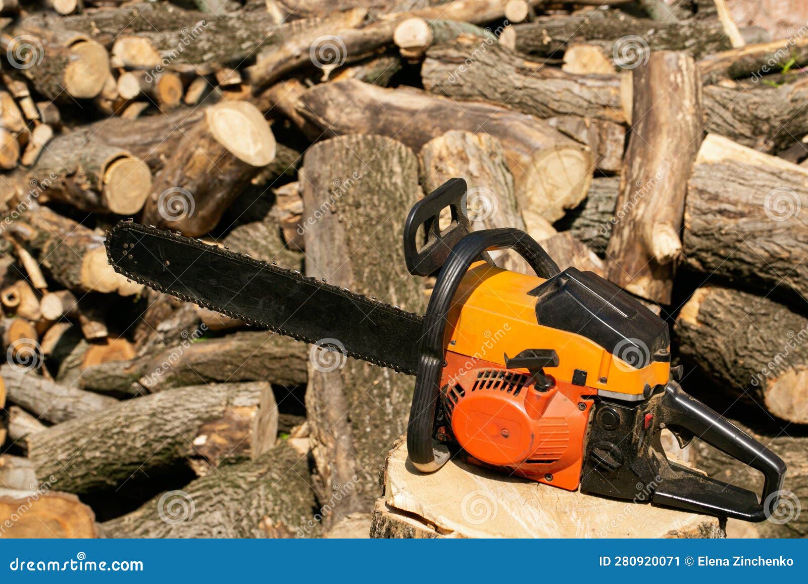 Orange Petrol Saw Against the Background of a Pile of Sawn Tree Trunks ...
