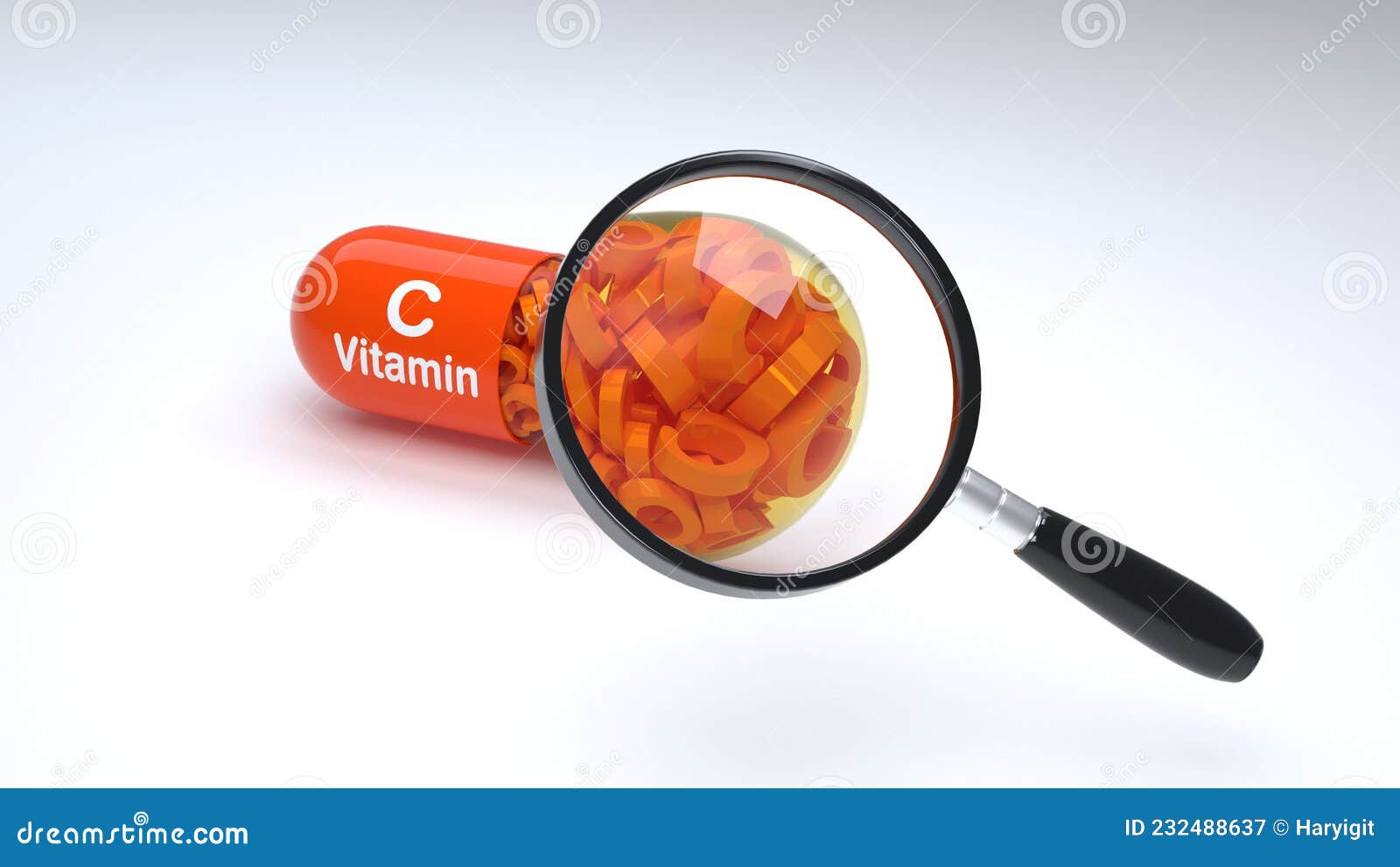 Orange Pill or Capsule is Under Magnifying Glass Filled with Vitamin C ...