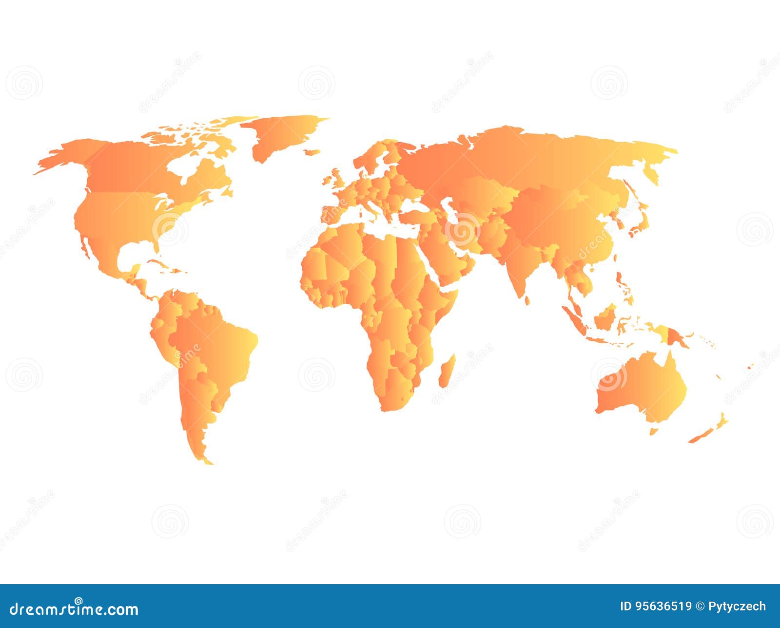 Orange Political Map of World. Each State with Own Horizontal Gradient ...