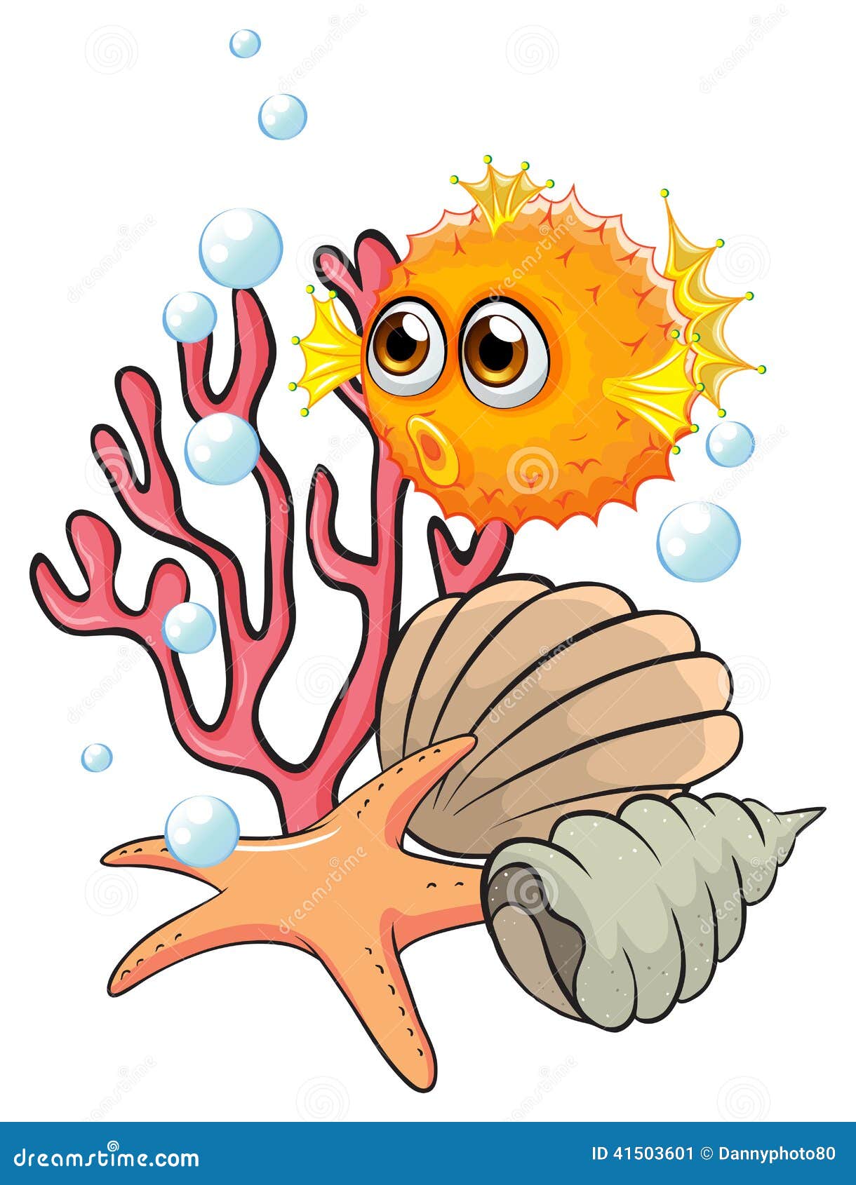 An Orange Puffer Fish Near the Seashells Stock Vector - Illustration of ...