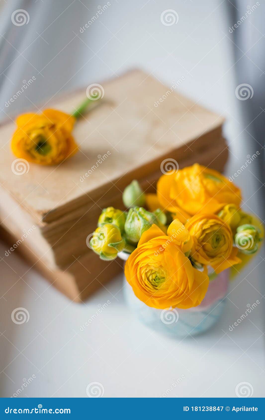 Orange Ranunculus in Cute Small Pitcher and Stack of Vintage Books ...