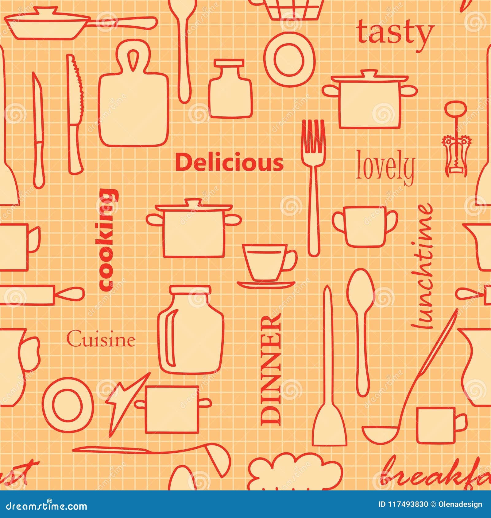 Orange and Red Kitchenware and Words - Vector Seamless Pattern Stock ...