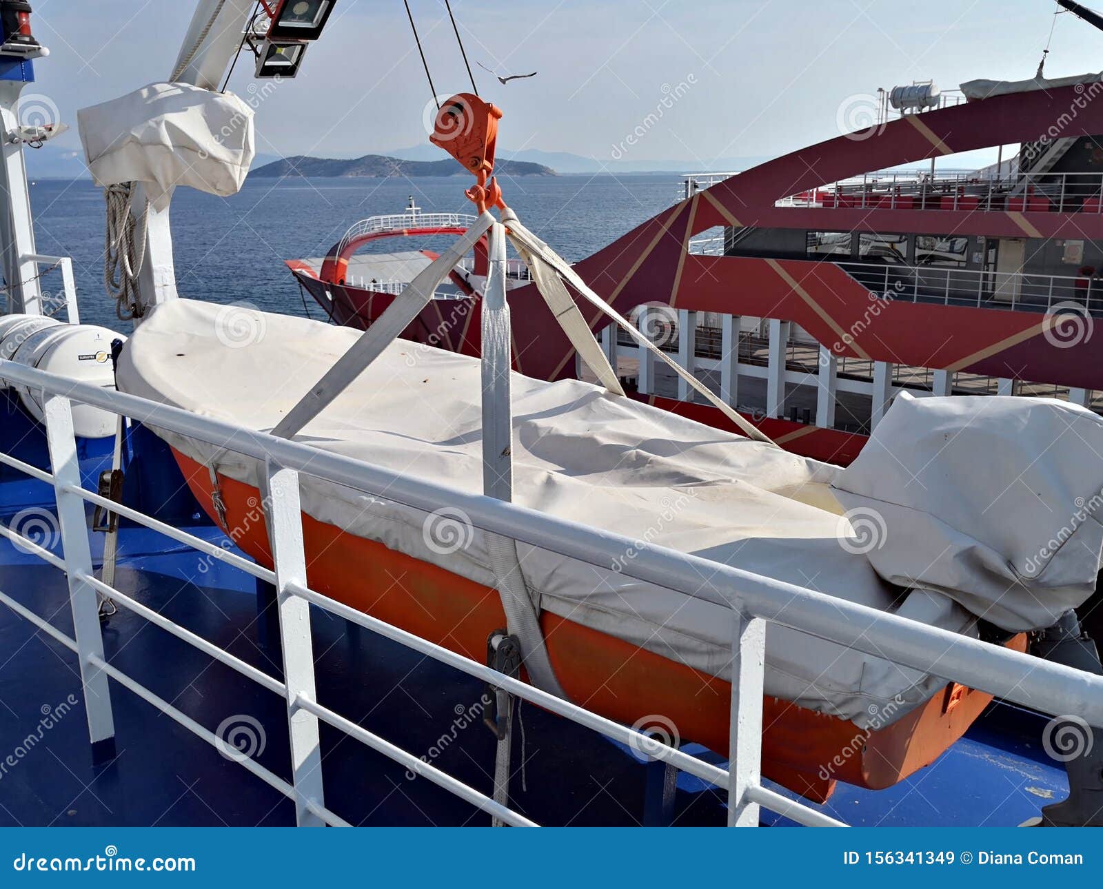 Rescue boat on the ship stock image. Image of orange - 156341349