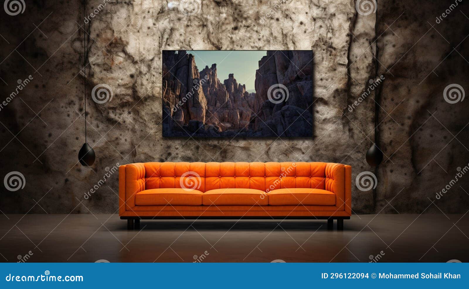 Orange Retro Shiny Leather Couch Dramatic Interior Background Stock ...