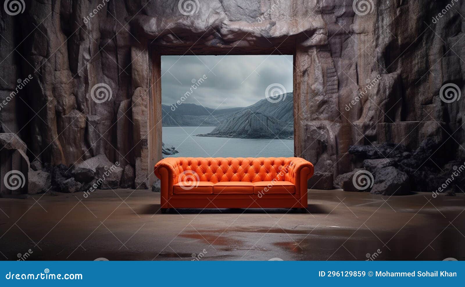 Orange Retro Shiny Leather Couch Dramatic Interior Background Stock ...