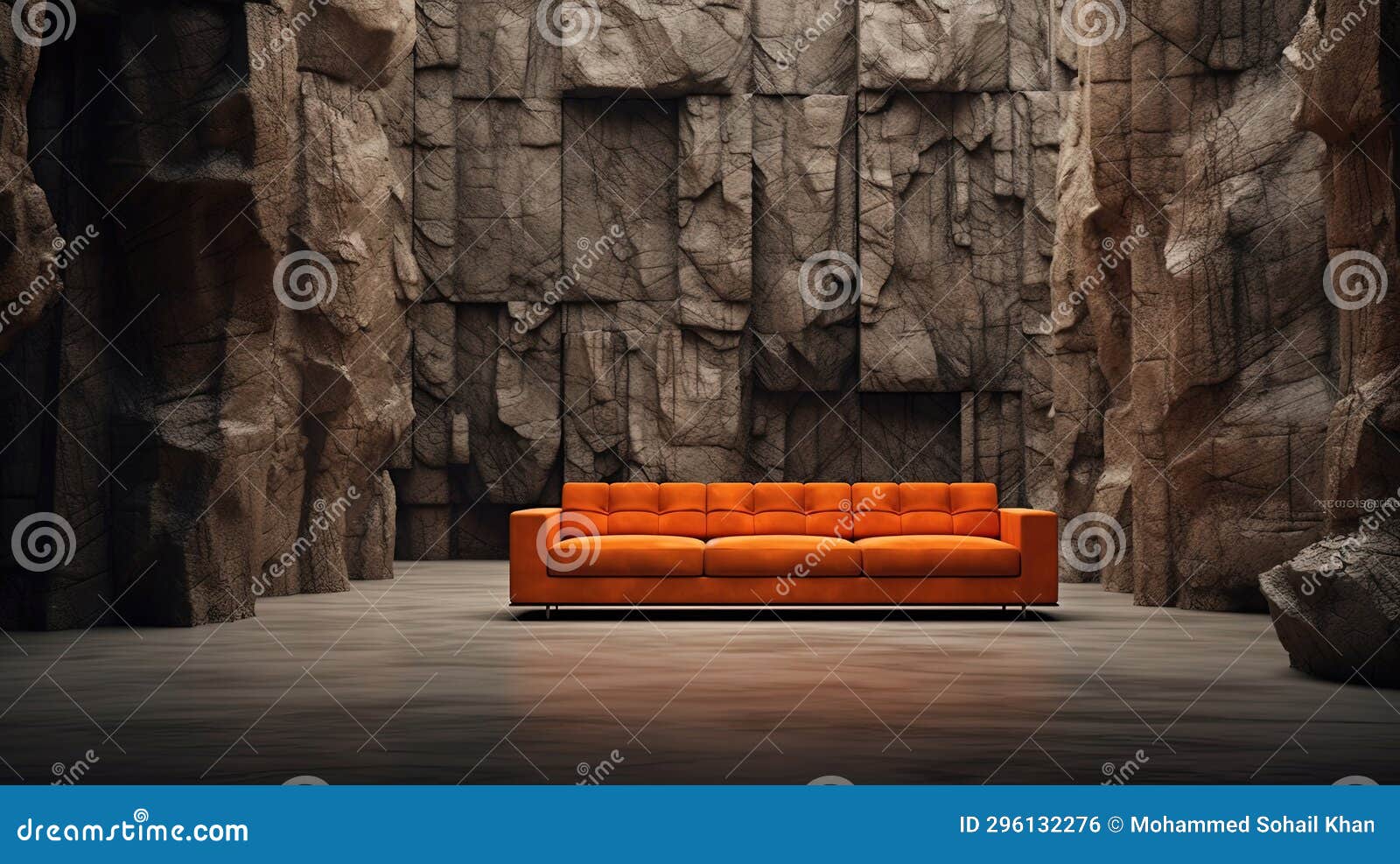 Orange Retro Shiny Leather Couch Dramatic Interior Background Stock ...