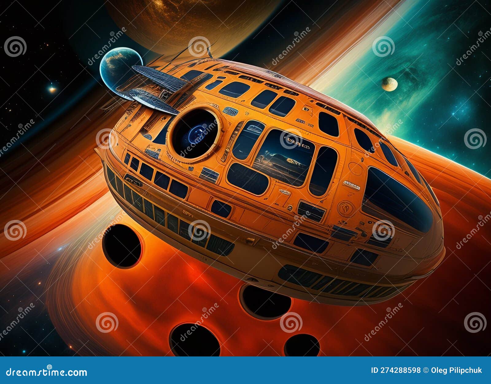 ORANGE Retro Spaceship in Outer Space Stock Illustration - Illustration ...