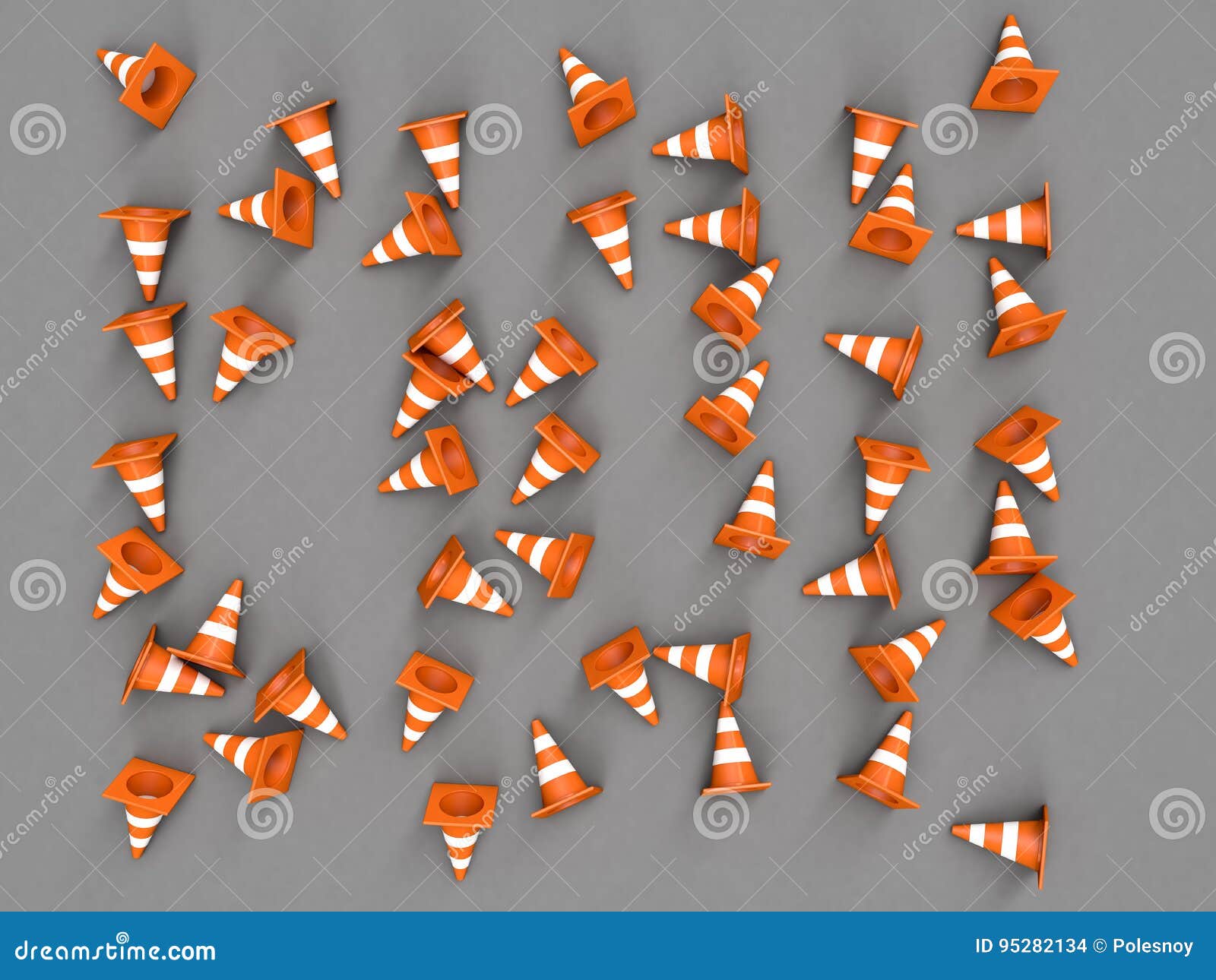 Orange Road Cones with Stripes Top View. 3D Stock Illustration ...