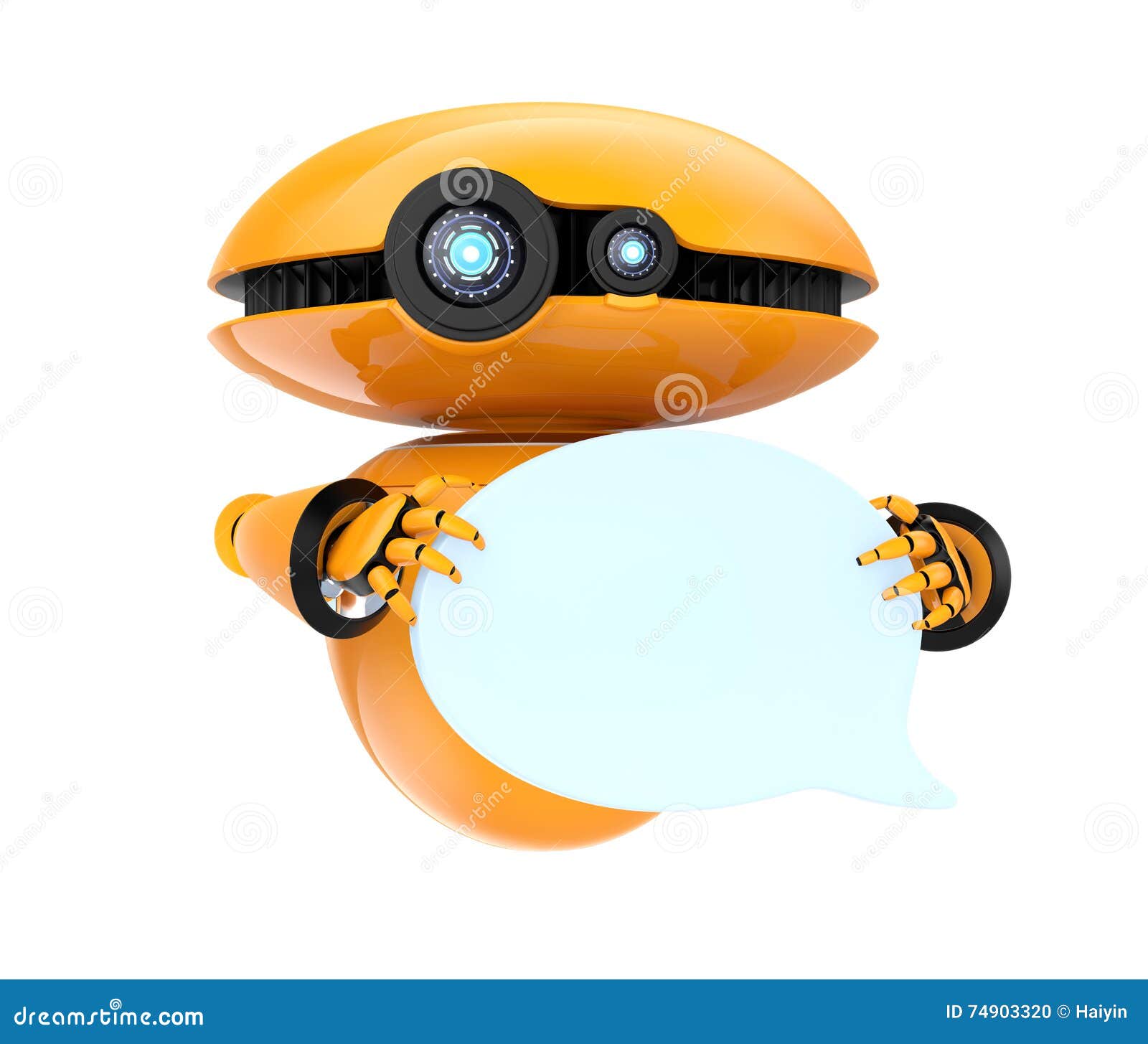 Orange Robot Holding Blank Chat Bubble on White Background Stock ...