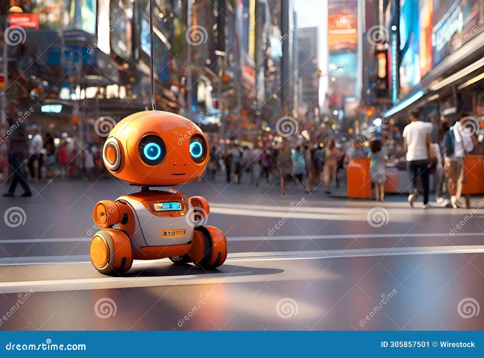 Orange Robot Positioned Amidst A Bustling Street Ai Generated Stock