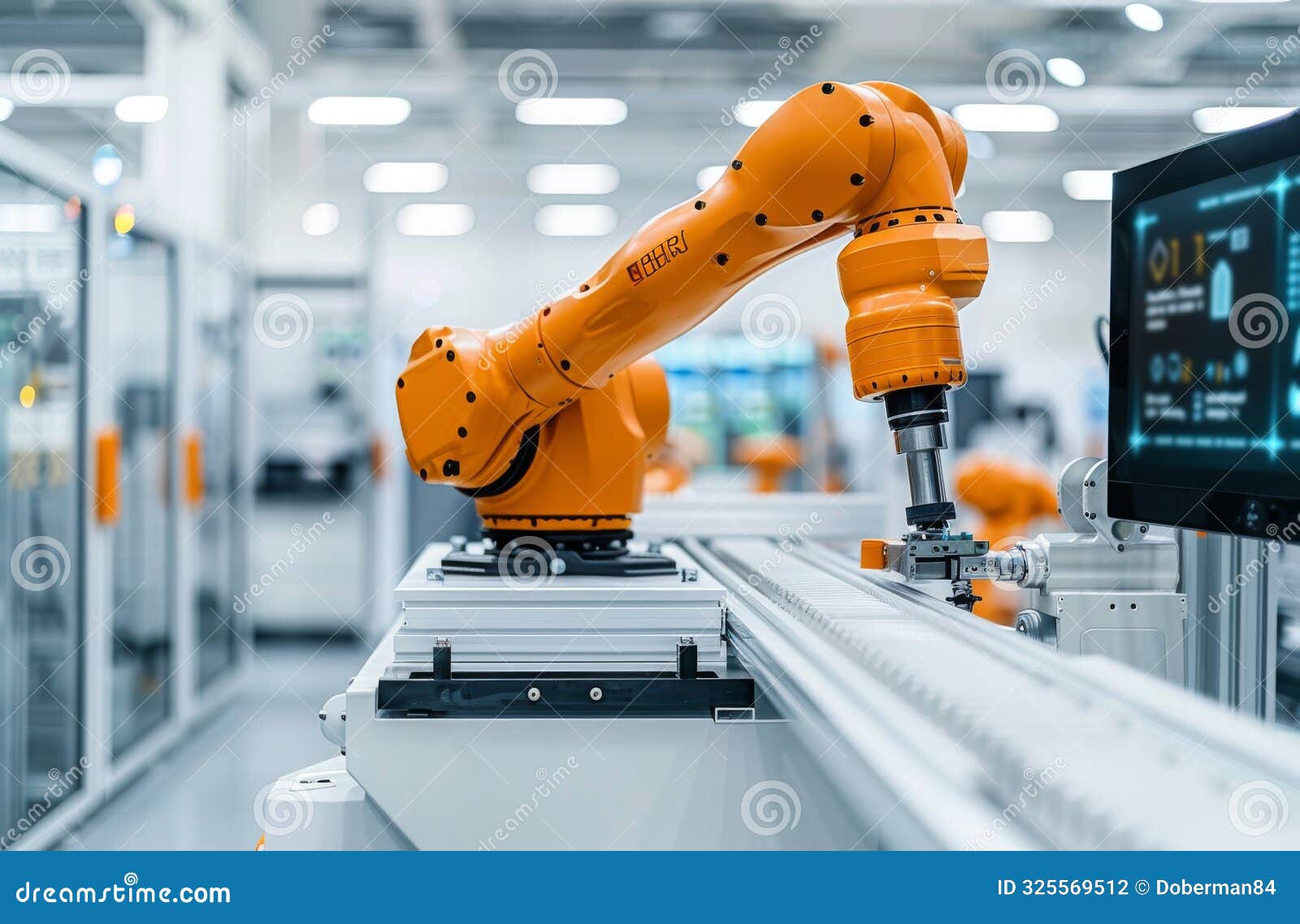 Orange Robotic Arm Operating in a Modern Industrial Setting Stock Photo ...