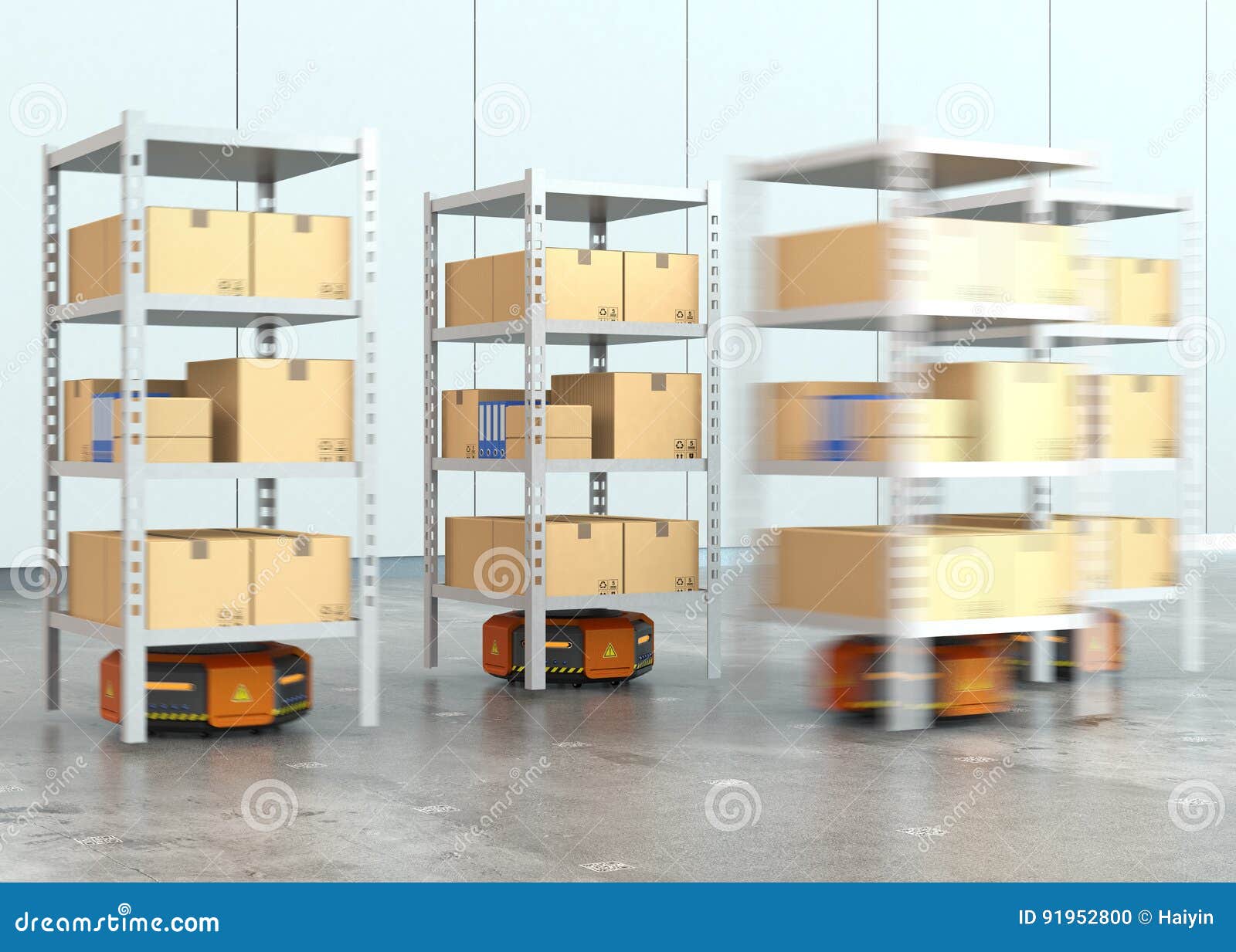 Orange Robots Carrying Pallets With Goods In Modern Warehouse Royalty ...