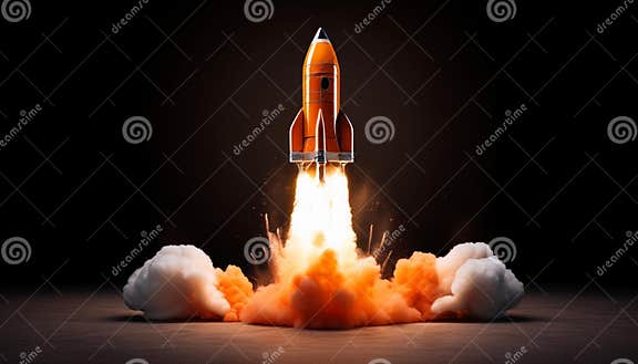 Orange Rocket Launching with Smoke on a Dark Background. 3D Rendering ...