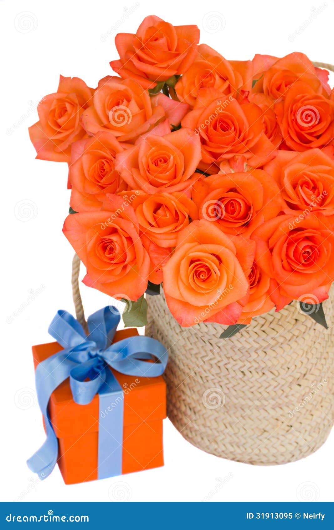 Orange Roses in Basket with Gift Box Stock Image - Image of isolated ...