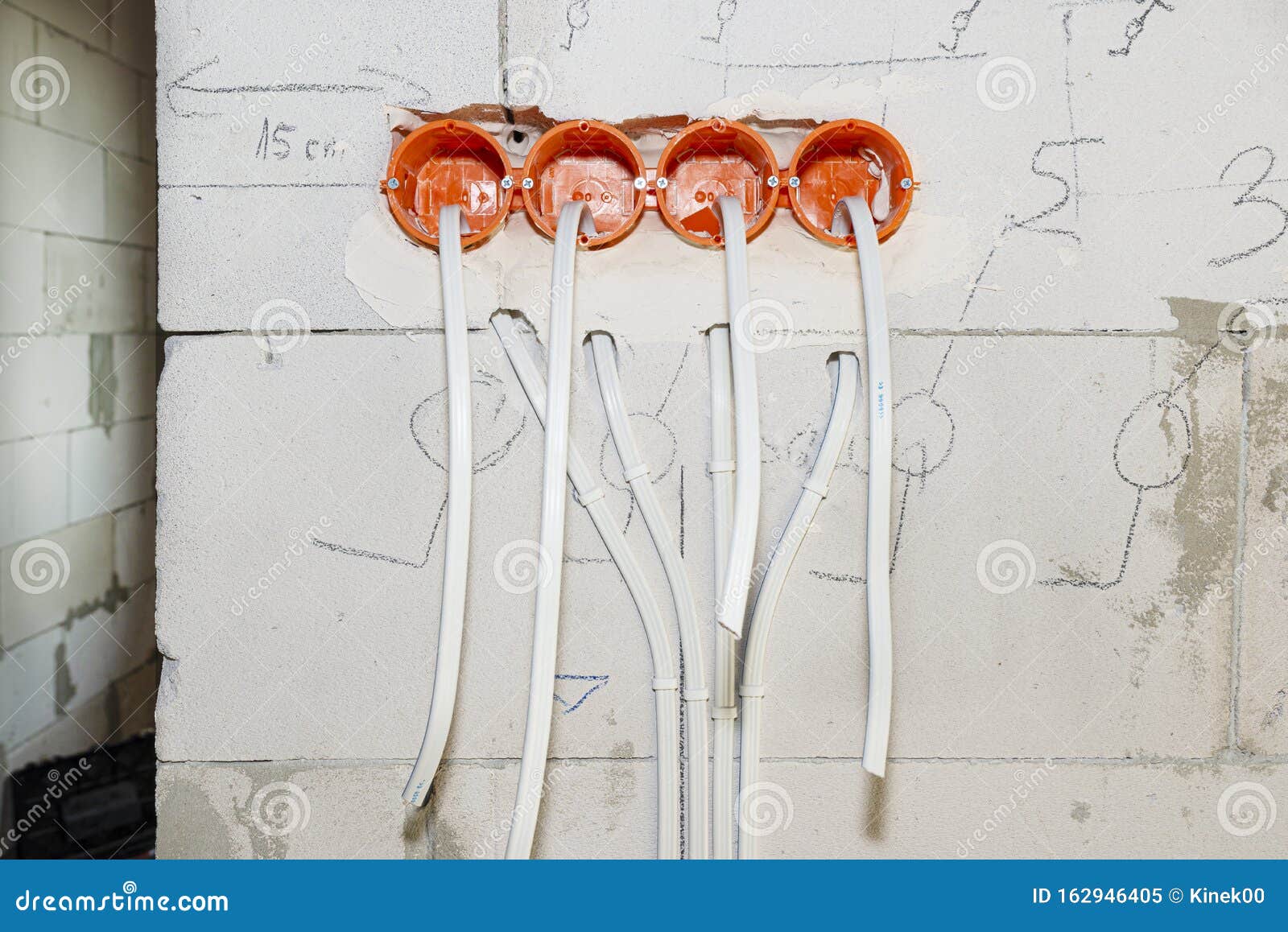 Orange, Round Junction Box Mounted in the White Wall with Protruding ...