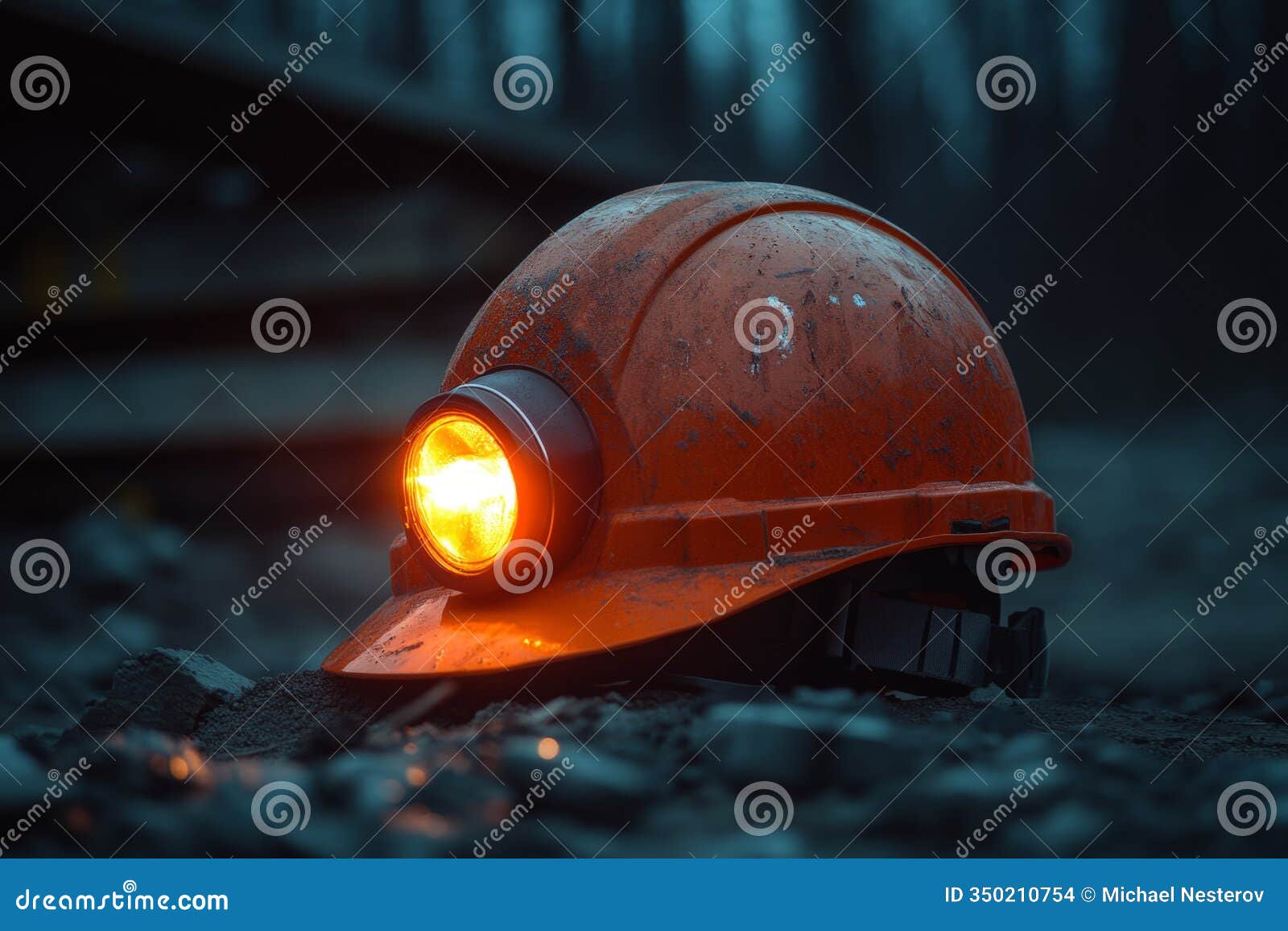 Orange Safety Helmet with Flashlight Illuminating Dark Industrial ...