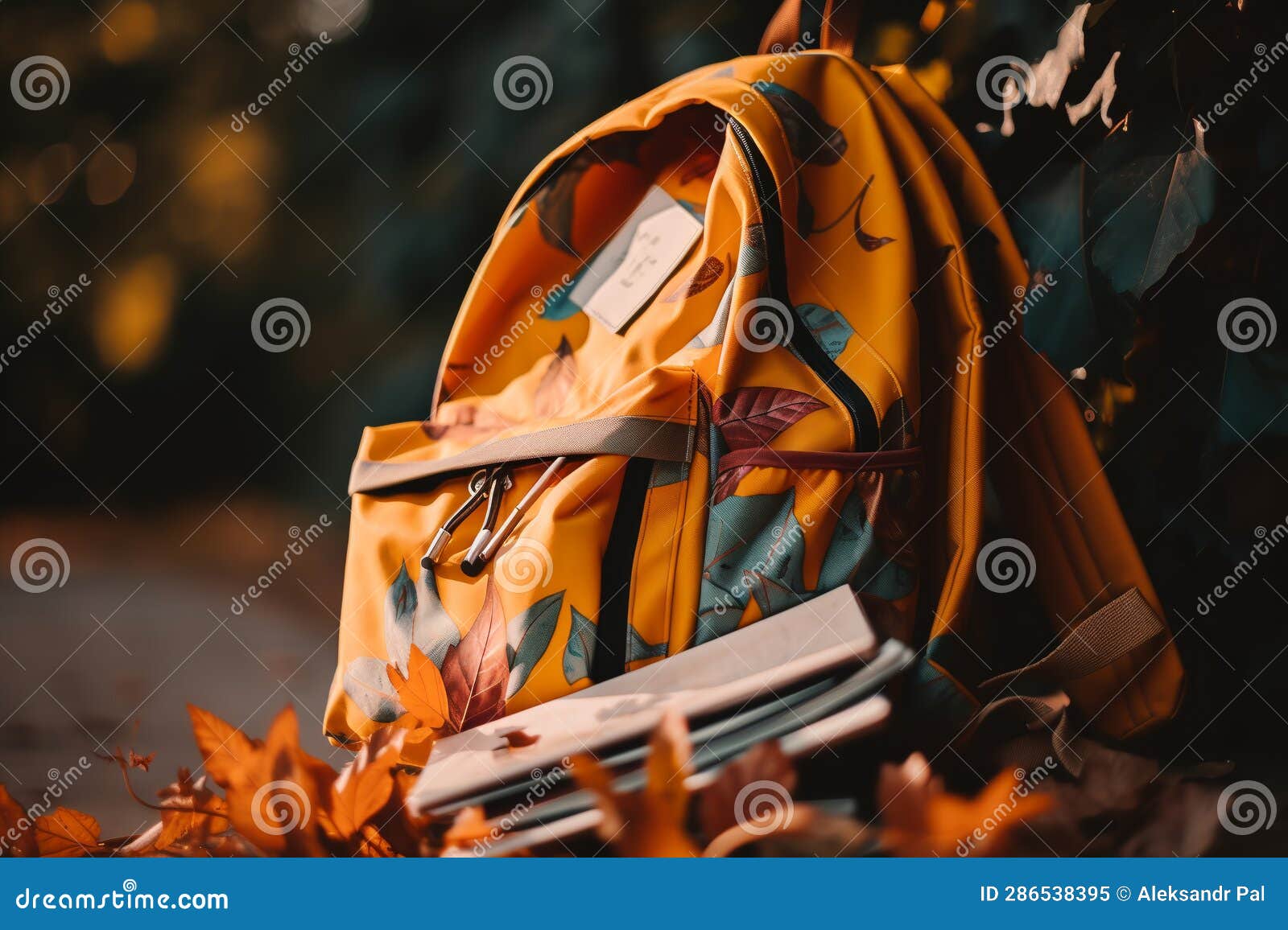 Orange School Backpack and Autumn Leaves on Nature Background. Back To ...