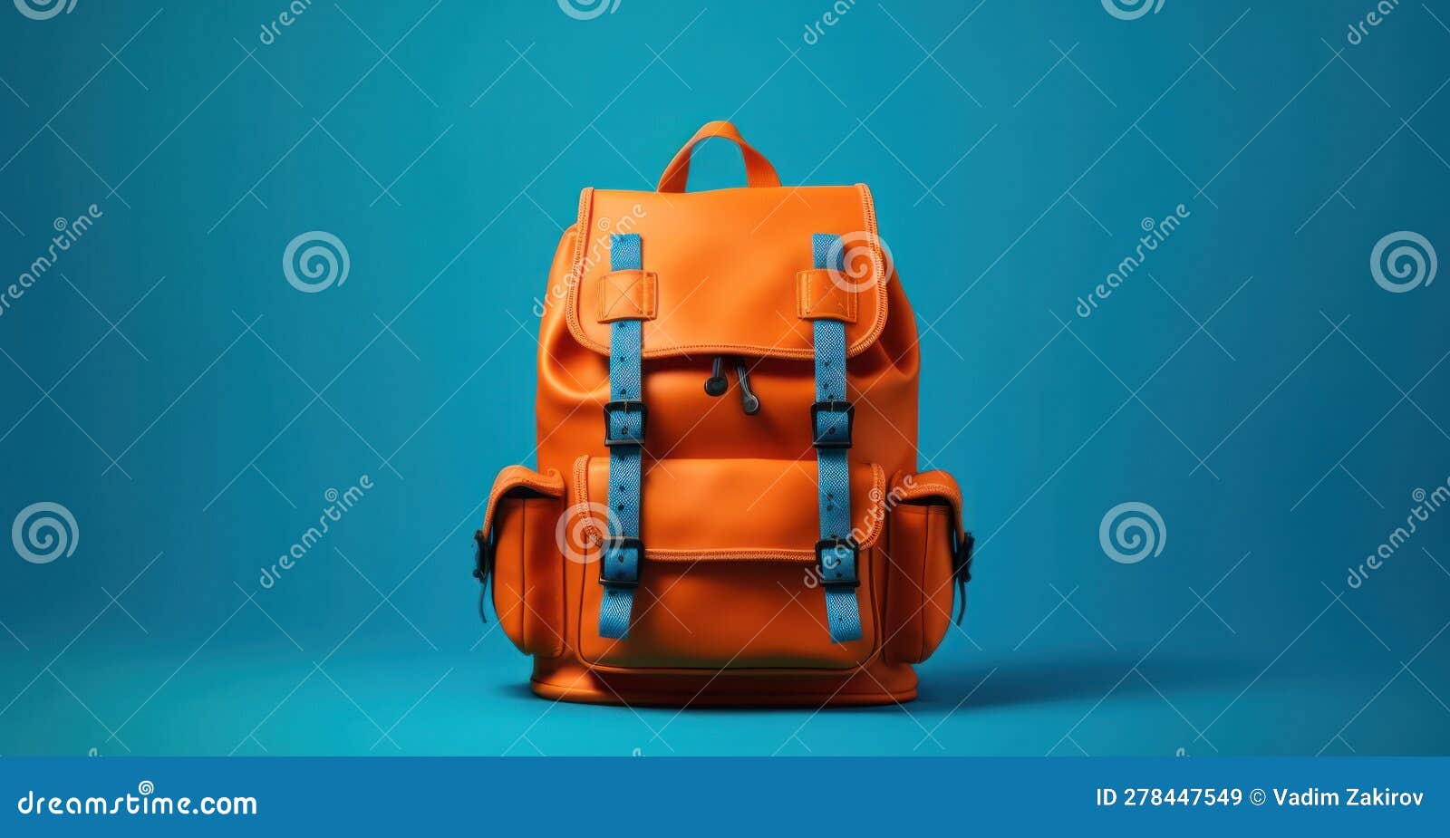 Orange School Backpack on Blue Background, Back To School Concept with ...