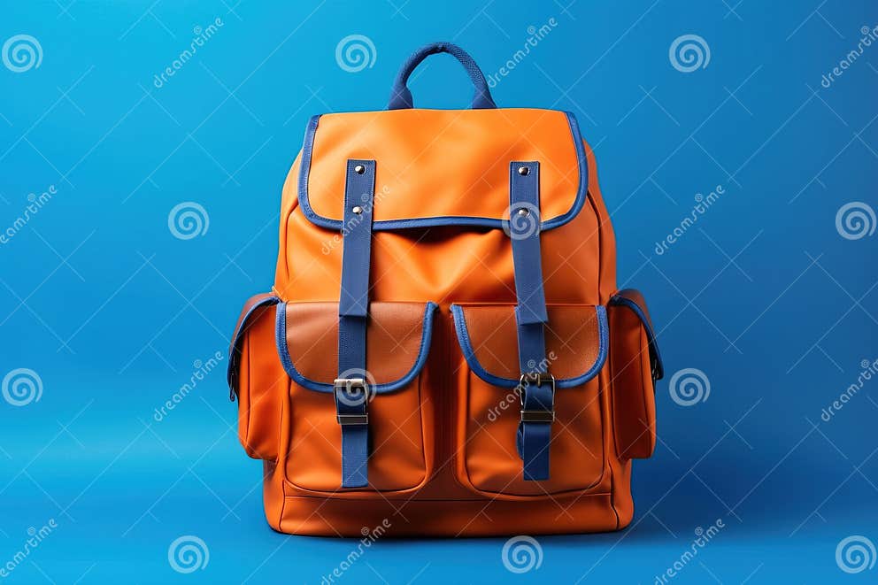 Orange School Backpack on Blue Background, Concept Back To School ...