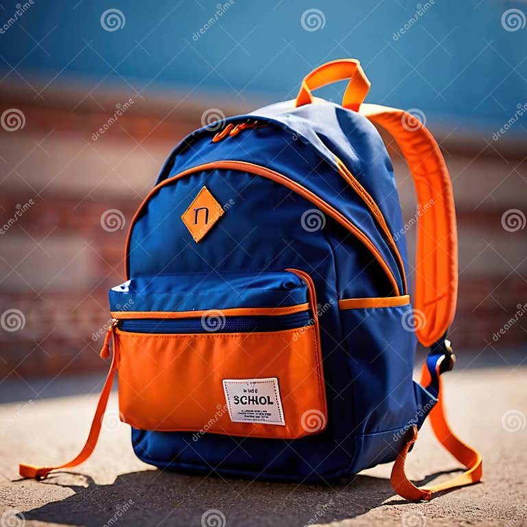 Orange School Backpack on Blue Background, Education Learning Concept ...