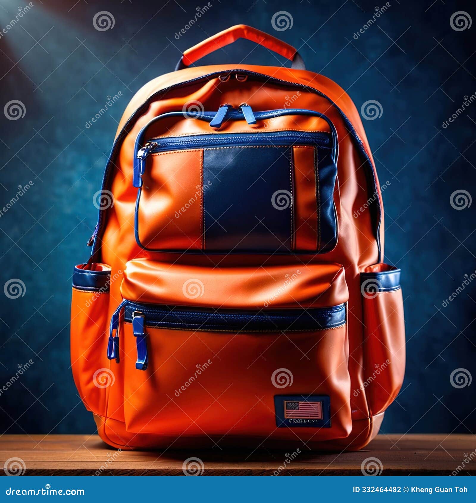 Orange School Backpack on Blue Background, Education Learning Concept ...