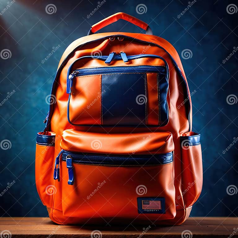Orange School Backpack on Blue Background, Education Learning Concept ...