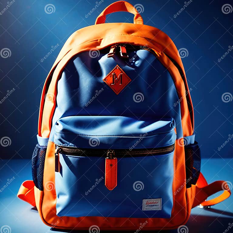 Orange School Backpack on Blue Background, Education Learning Concept ...