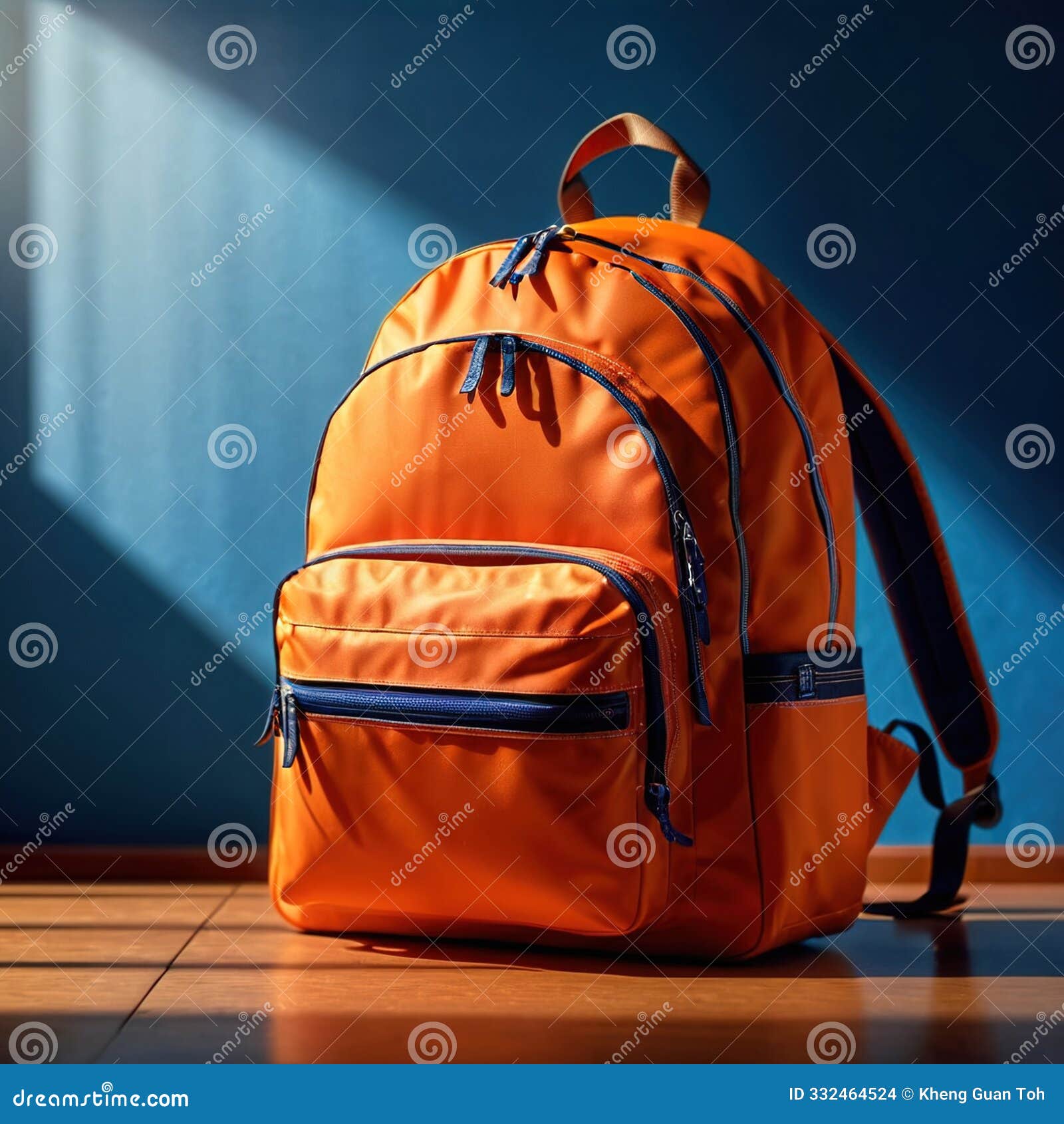 Orange School Backpack on Blue Background, Education Learning Concept ...