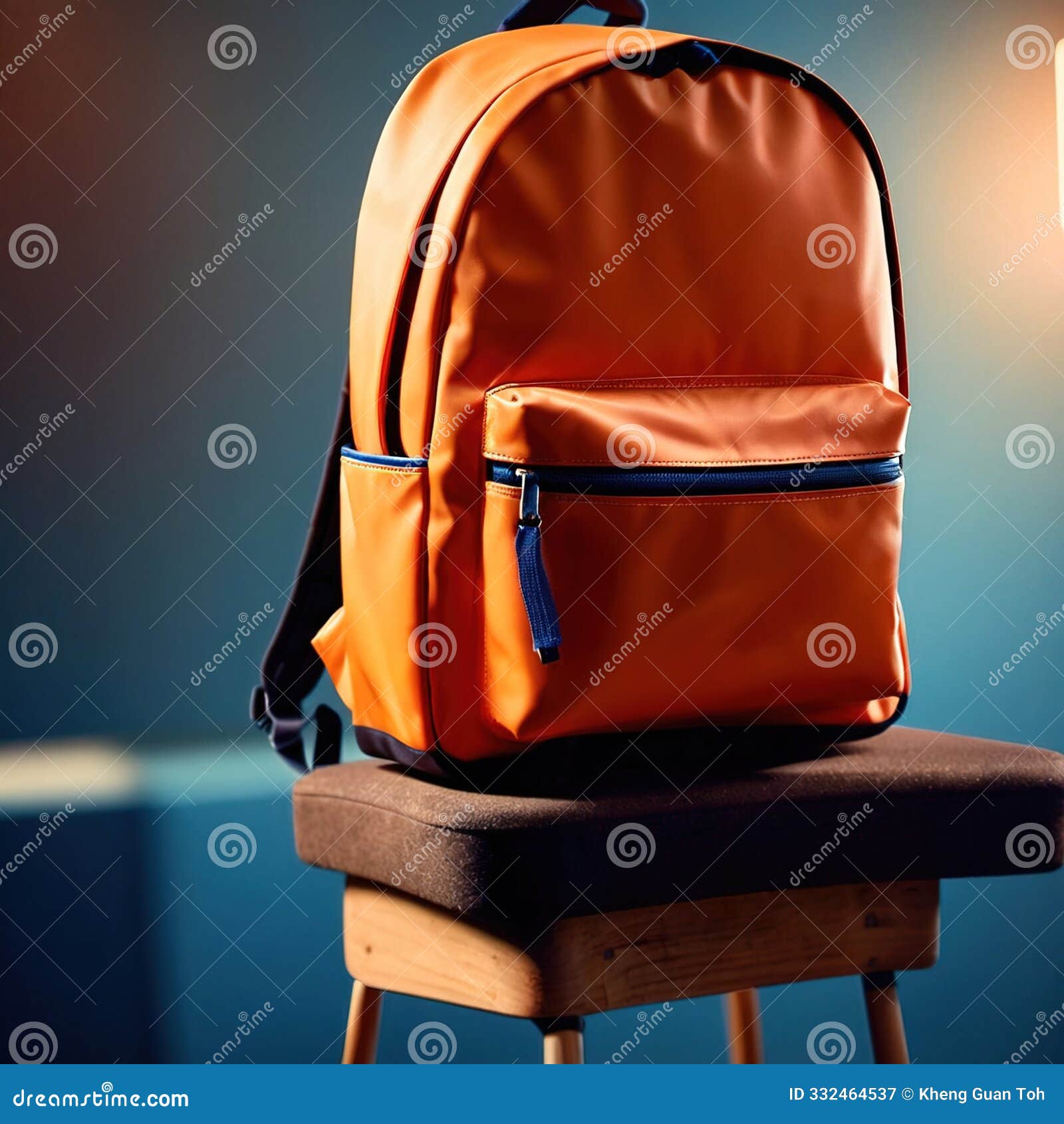Orange School Backpack on Blue Background, Education Learning Concept ...