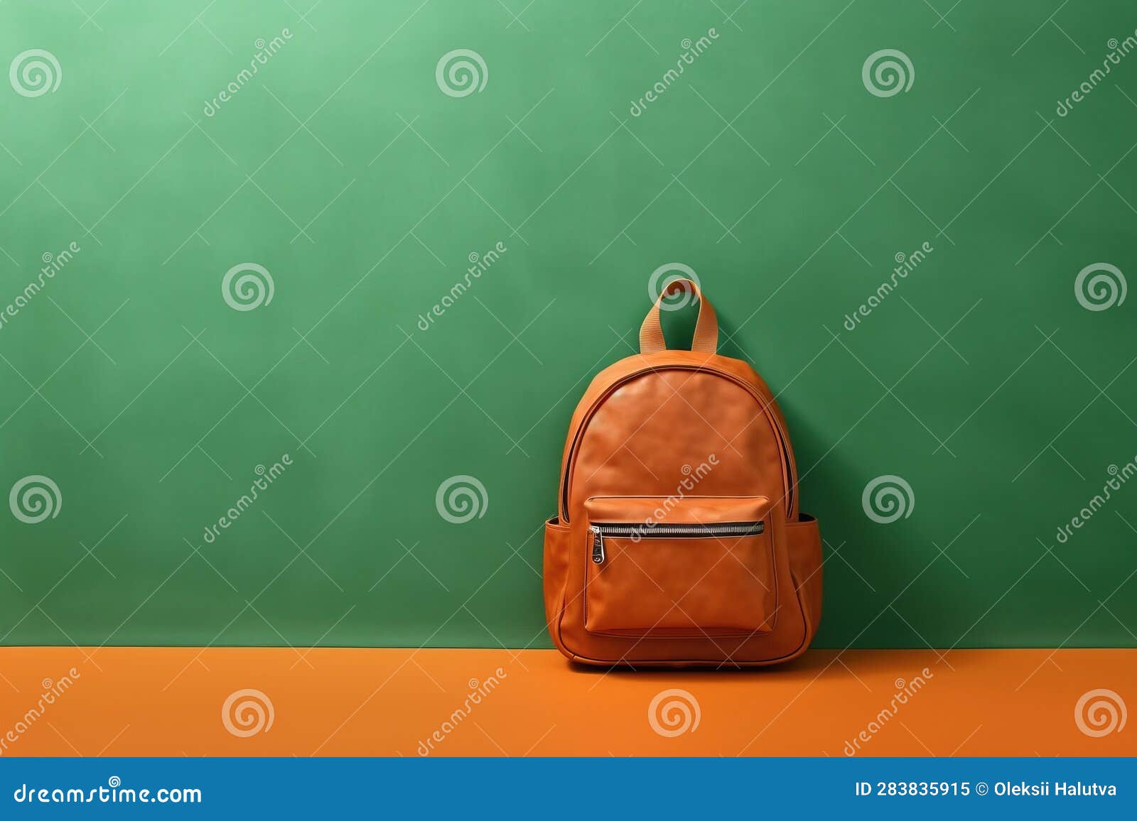 Orange School Backpack on Green Background, Concept Back To School ...