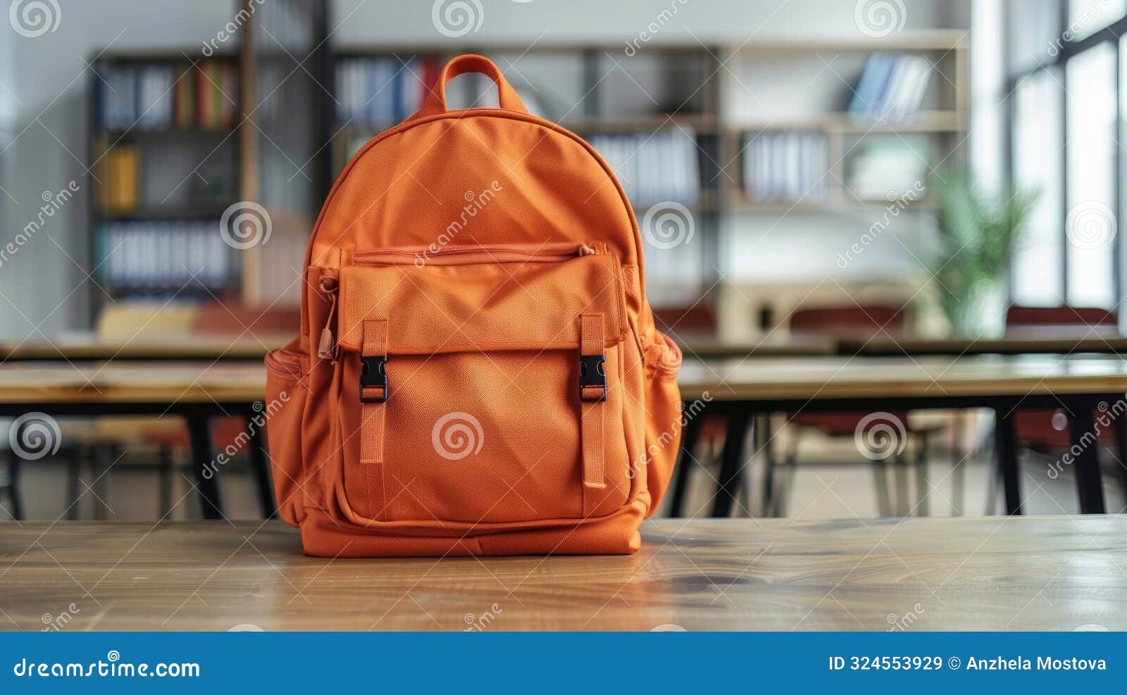Orange School Backpack on Table Classroom Stock Image - Image of study ...