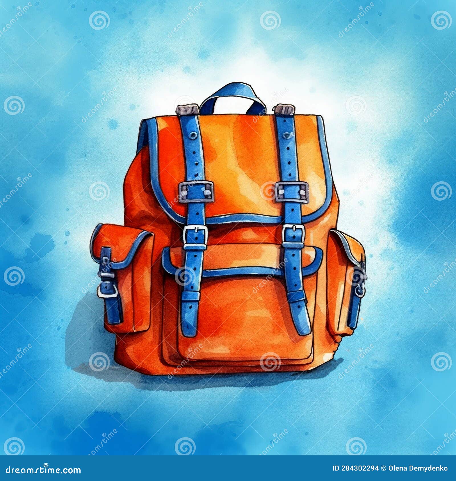 Orange School Bag on Blue Background. Comfortable Backpack with Pockets ...