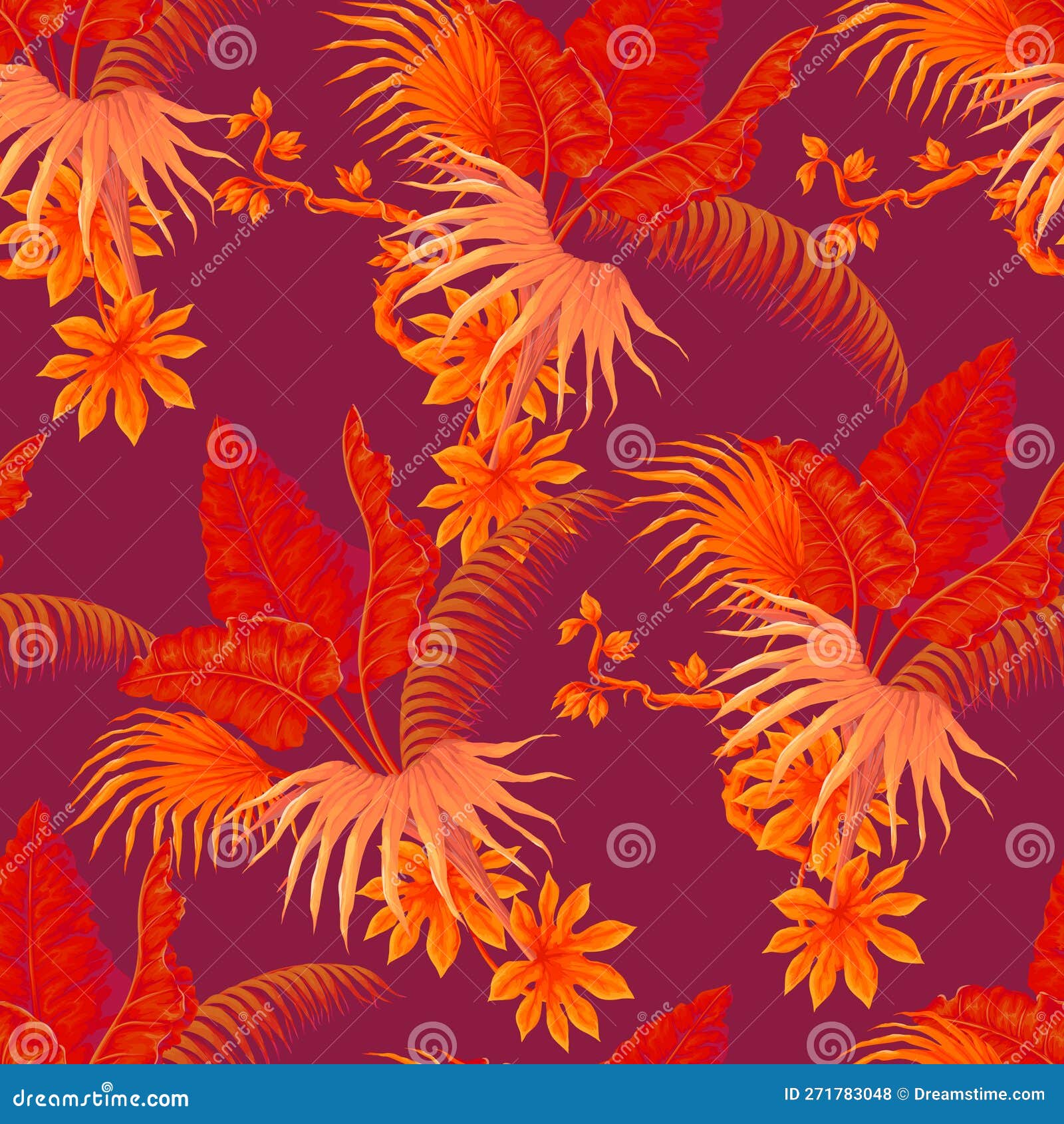 Orange Seamless Pattern with Jungle Plants and Leaves in Victorian ...