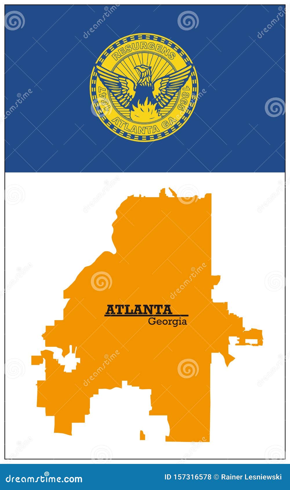 Orange Silhouette Map of Atlanta with Flag Stock Illustration ...