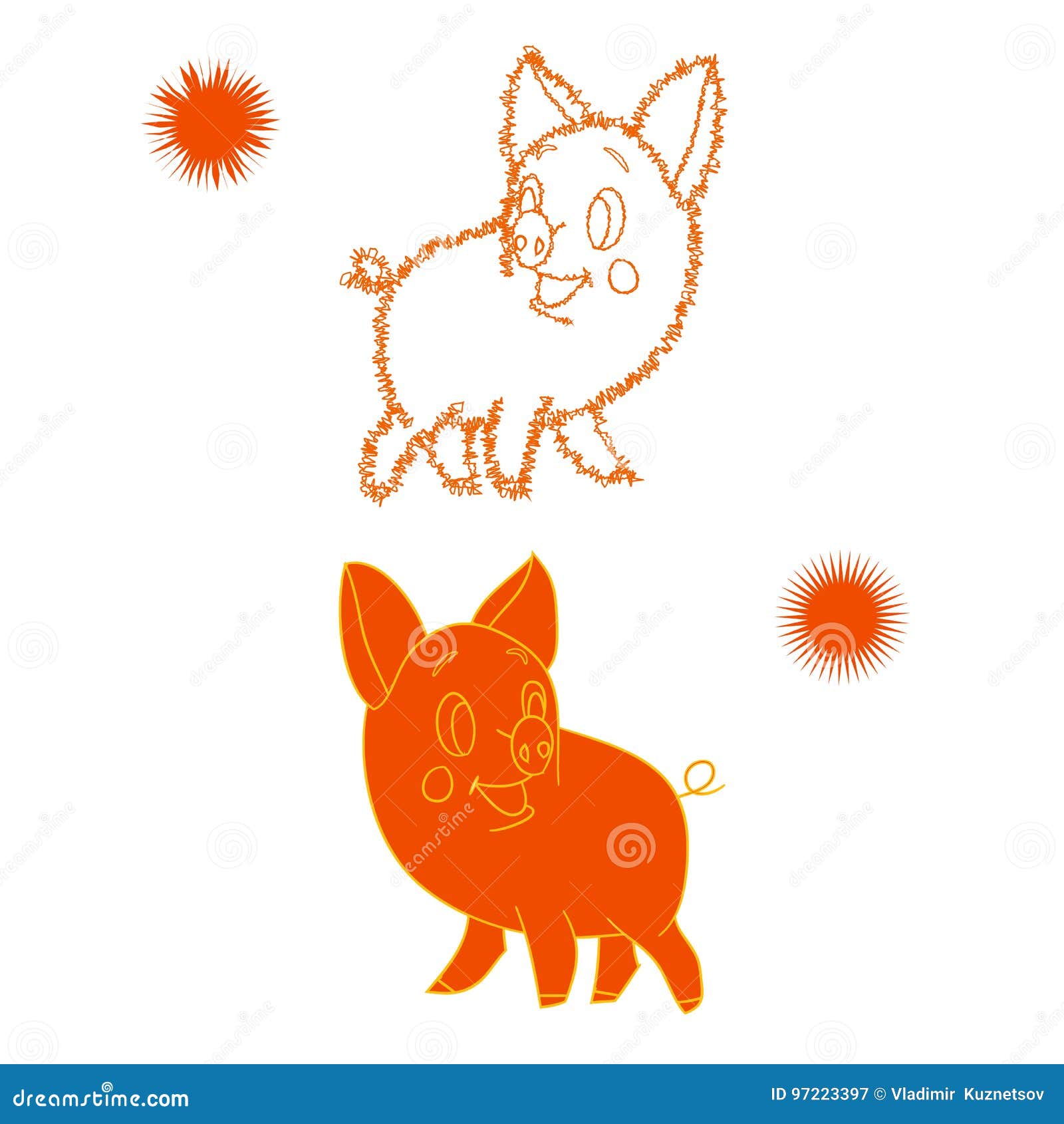 Orange Sketch of a Piglet, Cartoon on a White Background. Stock Vector ...