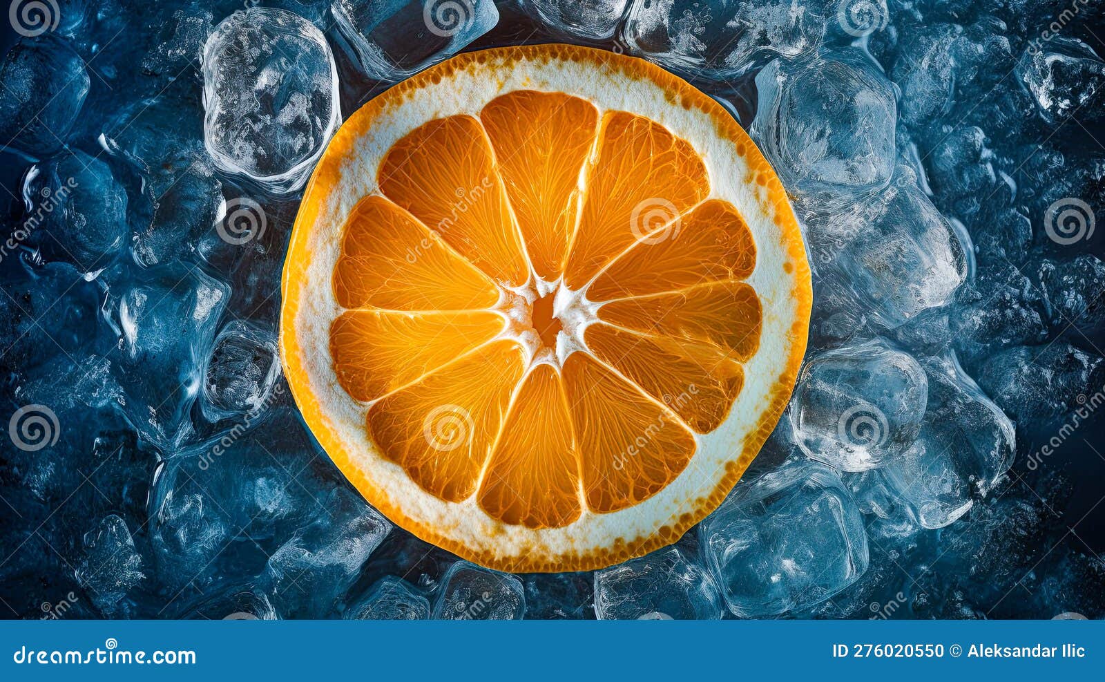 Orange Slice on a Frozen Surface Surrounded by Ice Cubes. Background ...