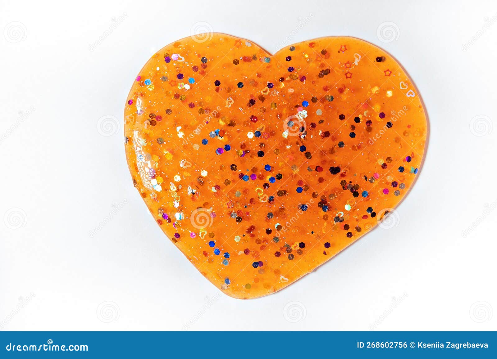 Orange Slime with Sequins in Shape of Heart on White Background Stock ...