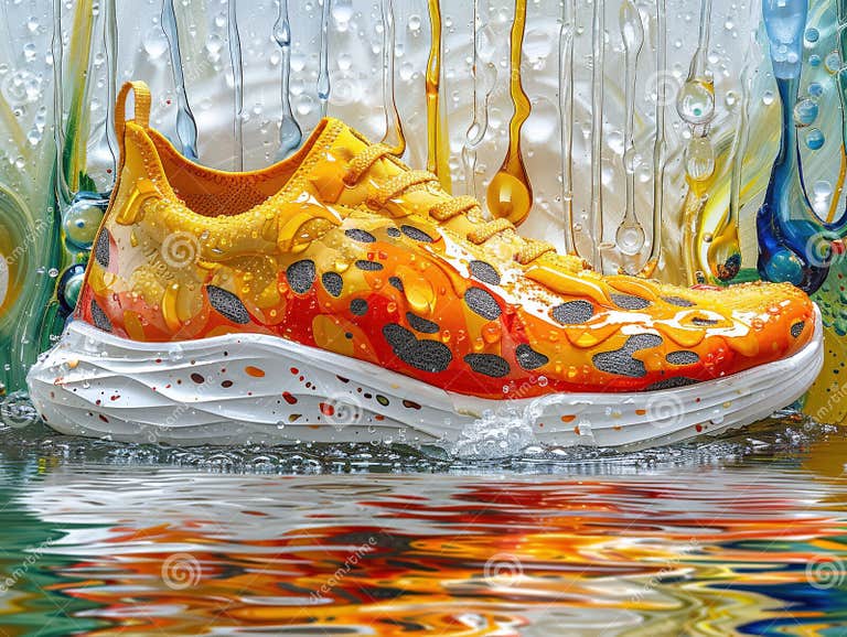 Bright Orange Sneakers with Abstract Patterns in a Water Splash Stock ...