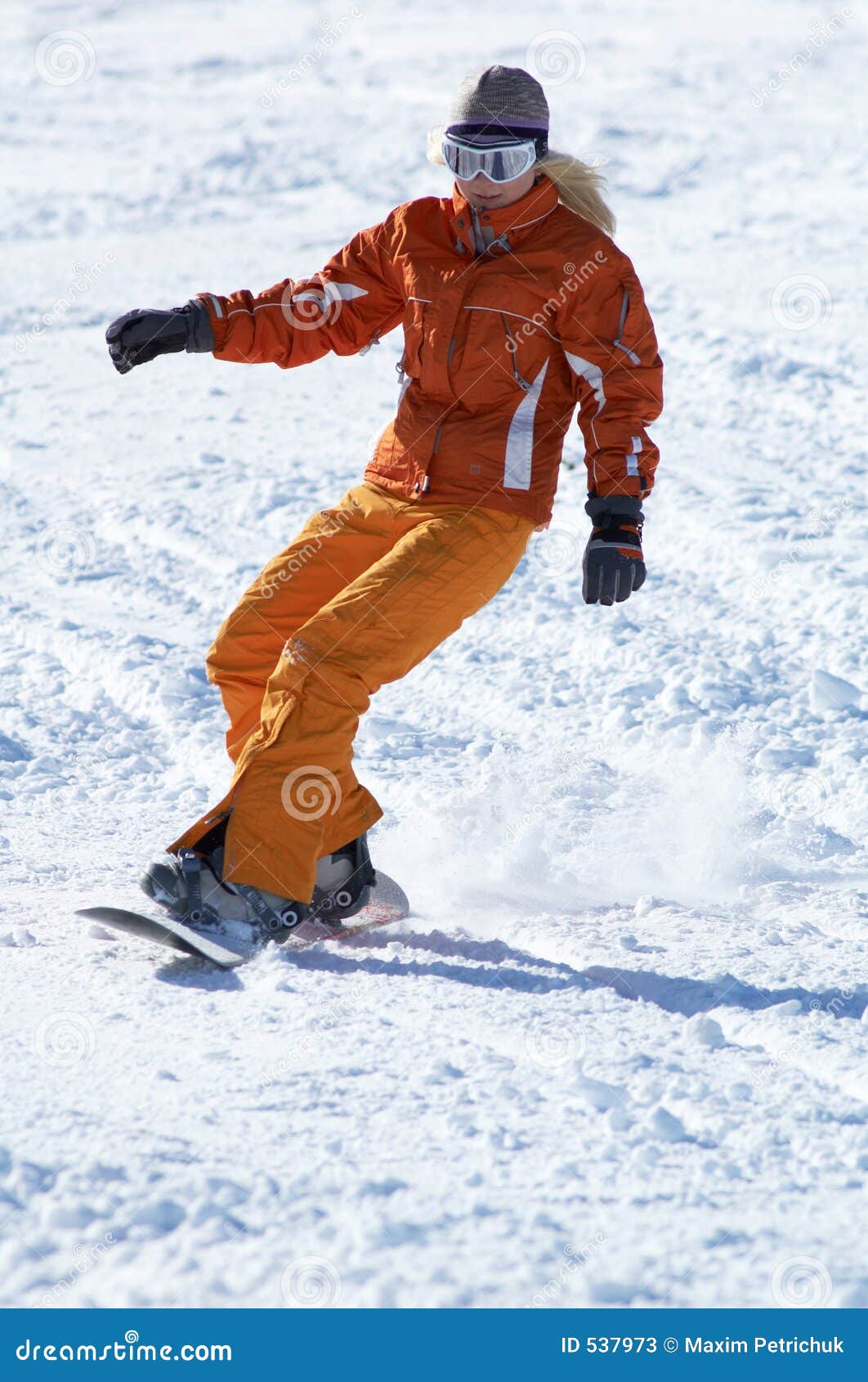 Orange Snowboard Girl Downhill Stock Image - Image of snowboard ...