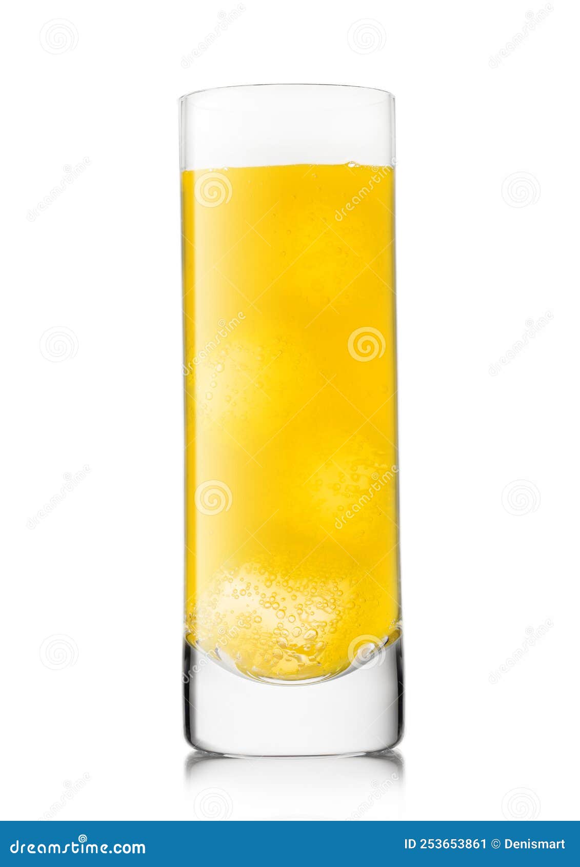 Orange Soda Drink With Ice Cubes In Highball Glass On White Background