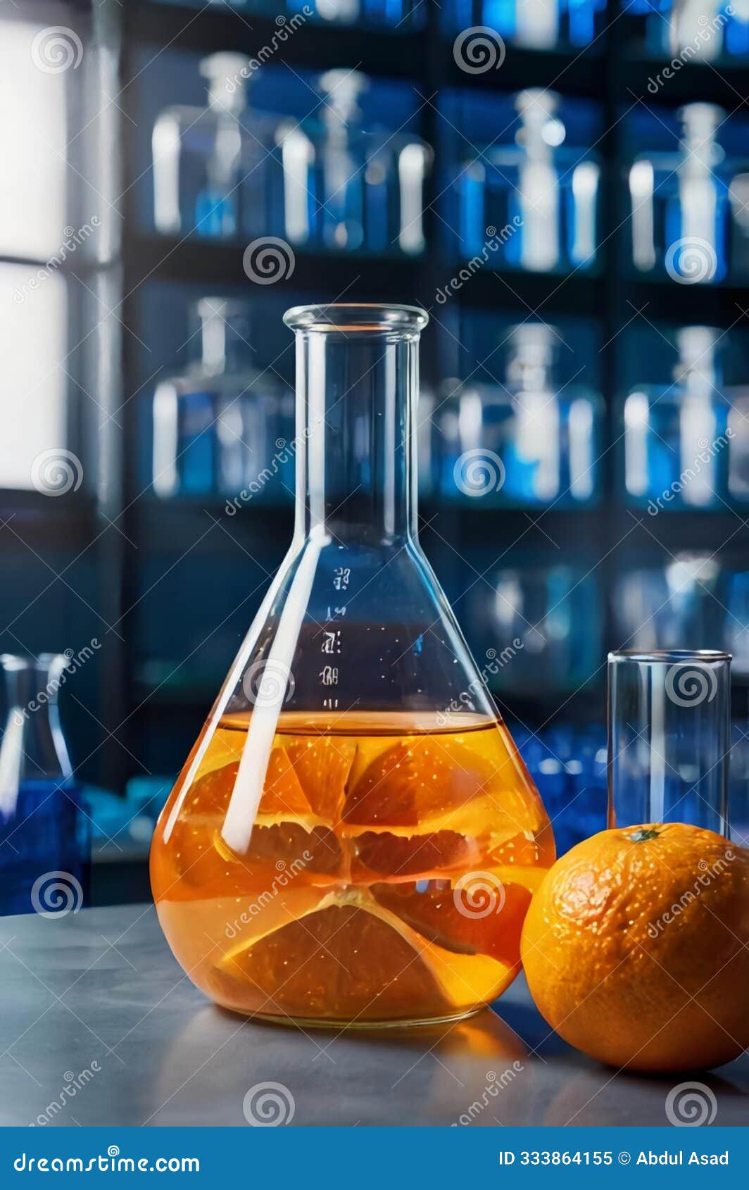 Orange Solution in Science Glass Flask in Blue Chemistry School ...