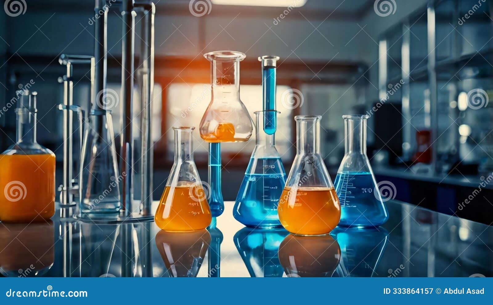 Orange Solution in Science Glass Flask in Blue Chemistry School ...