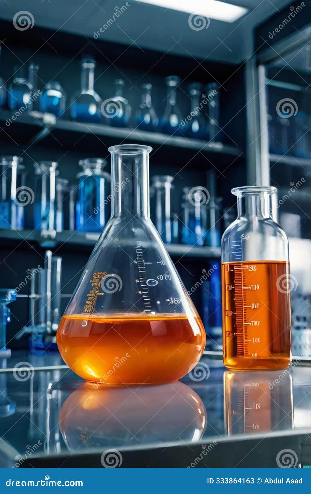 Orange Solution in Science Glass Flask in Blue Chemistry School ...