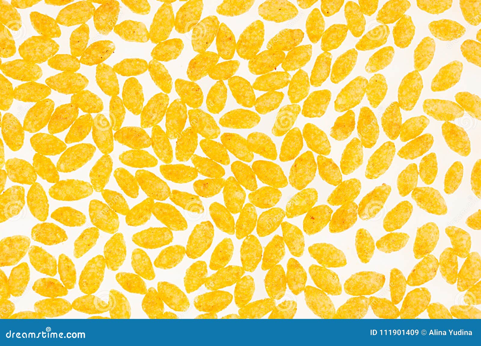 Orange Spicy Corn Sticks on White Background, Pattern, Top View. Stock ...